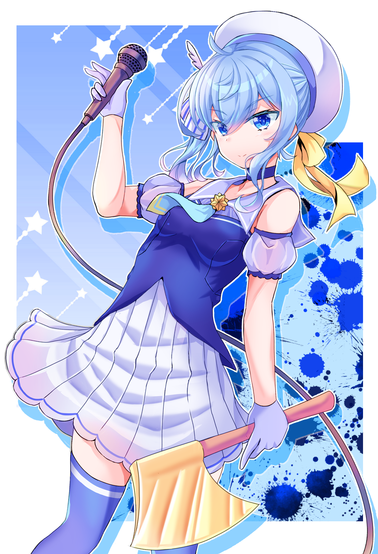 Safebooru - 1girl ascot axe bare shoulders beret blue ascot blue choker blue eyes blue gloves ...