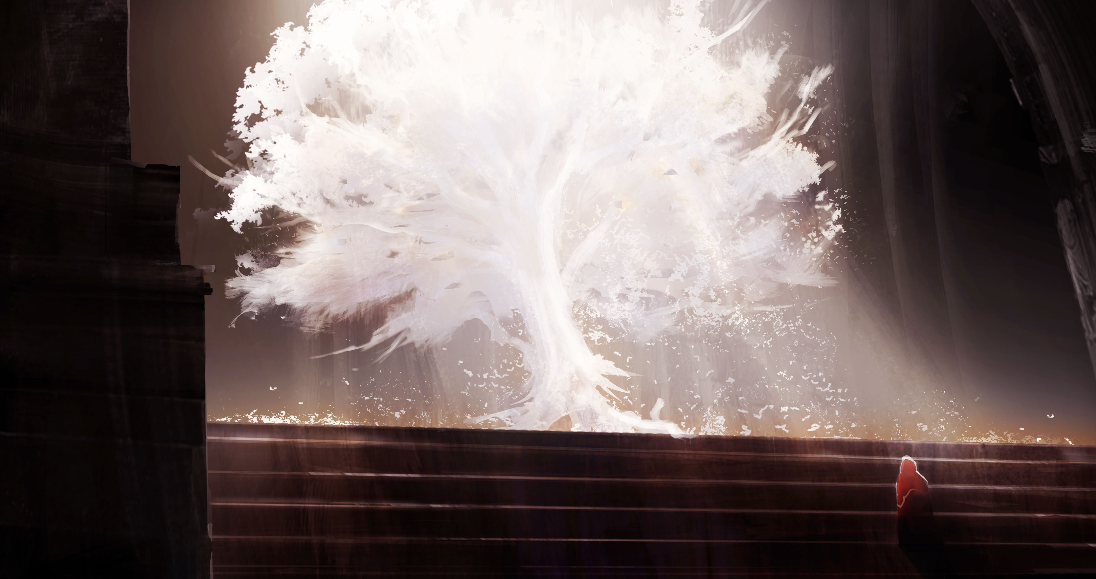 Safebooru - 1other absurdres arch cloak commentary falling leaves ...