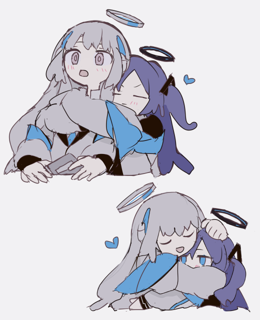 Safebooru - 2girls blue archive blush closed eyes cropped torso grey hair halo hand on another's ...