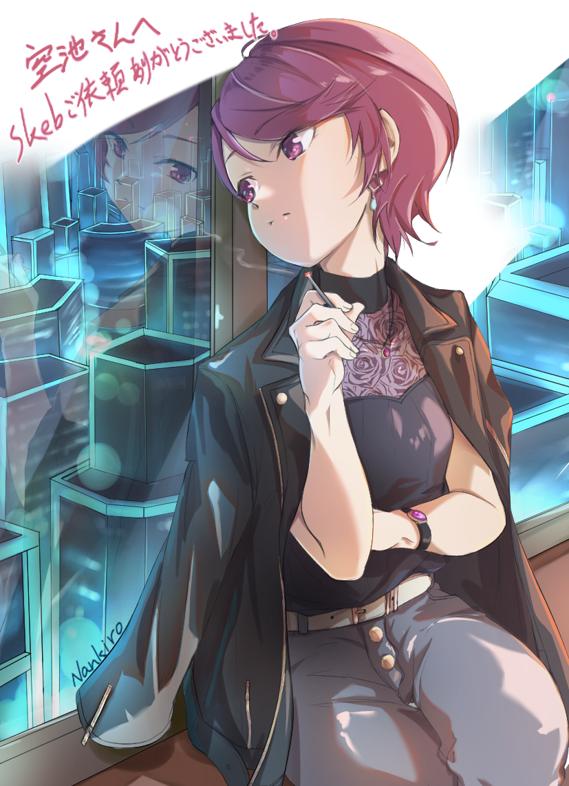 Safebooru - 1girl artist name belt black jacket black shirt cigarette city commission earrings ...