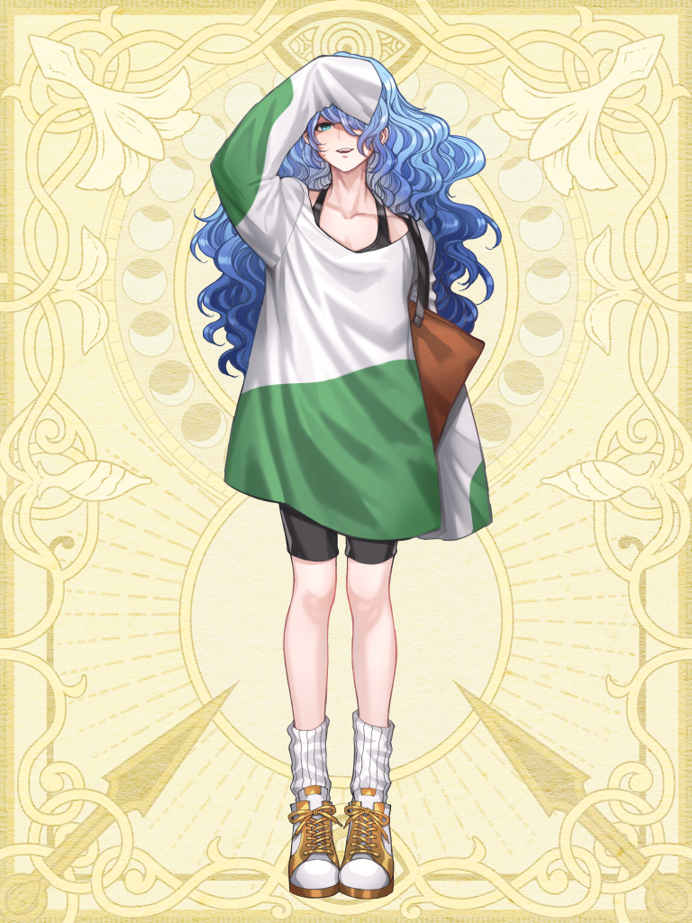 Safebooru - 1girl arm at side arm up bag bike shorts black footwear blue eyes blue hair breasts ...