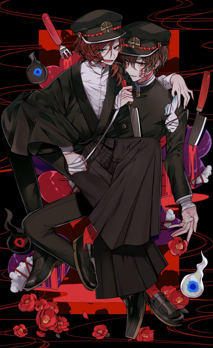 Safebooru - 2boys animal bandaged arm bandaged hand bandages black background black footwear ...