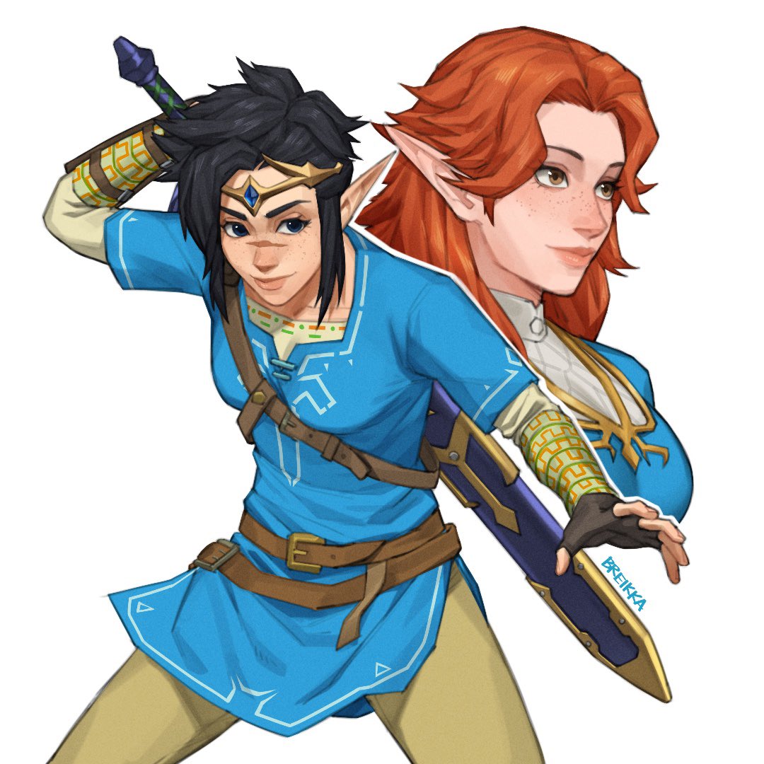 Safebooru - 2girls belt black hair blue skirt breasts breikka closed ...