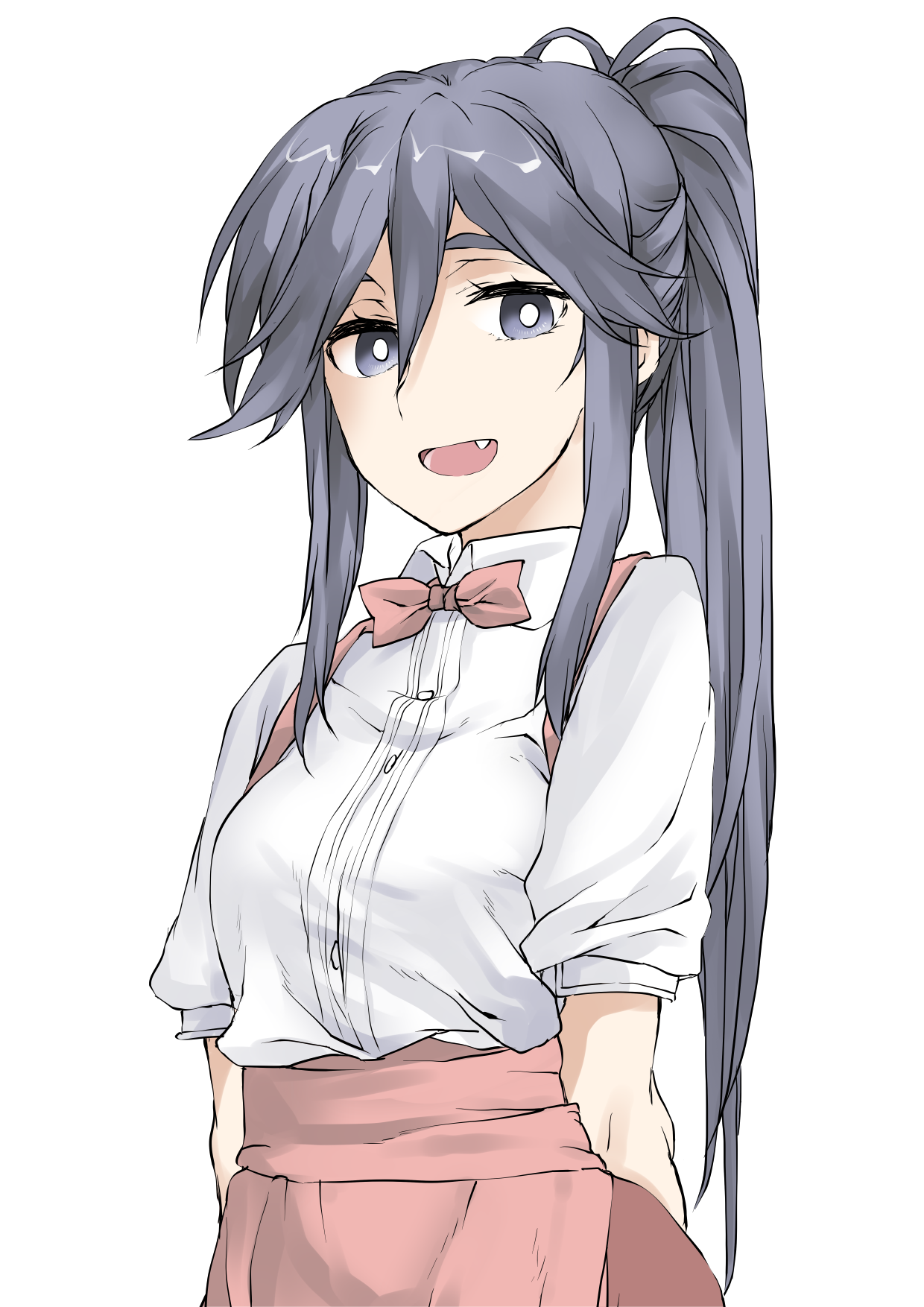 Safebooru - 1girl :d arms behind back black eyes black hair bow bowtie buttons collared shirt ...