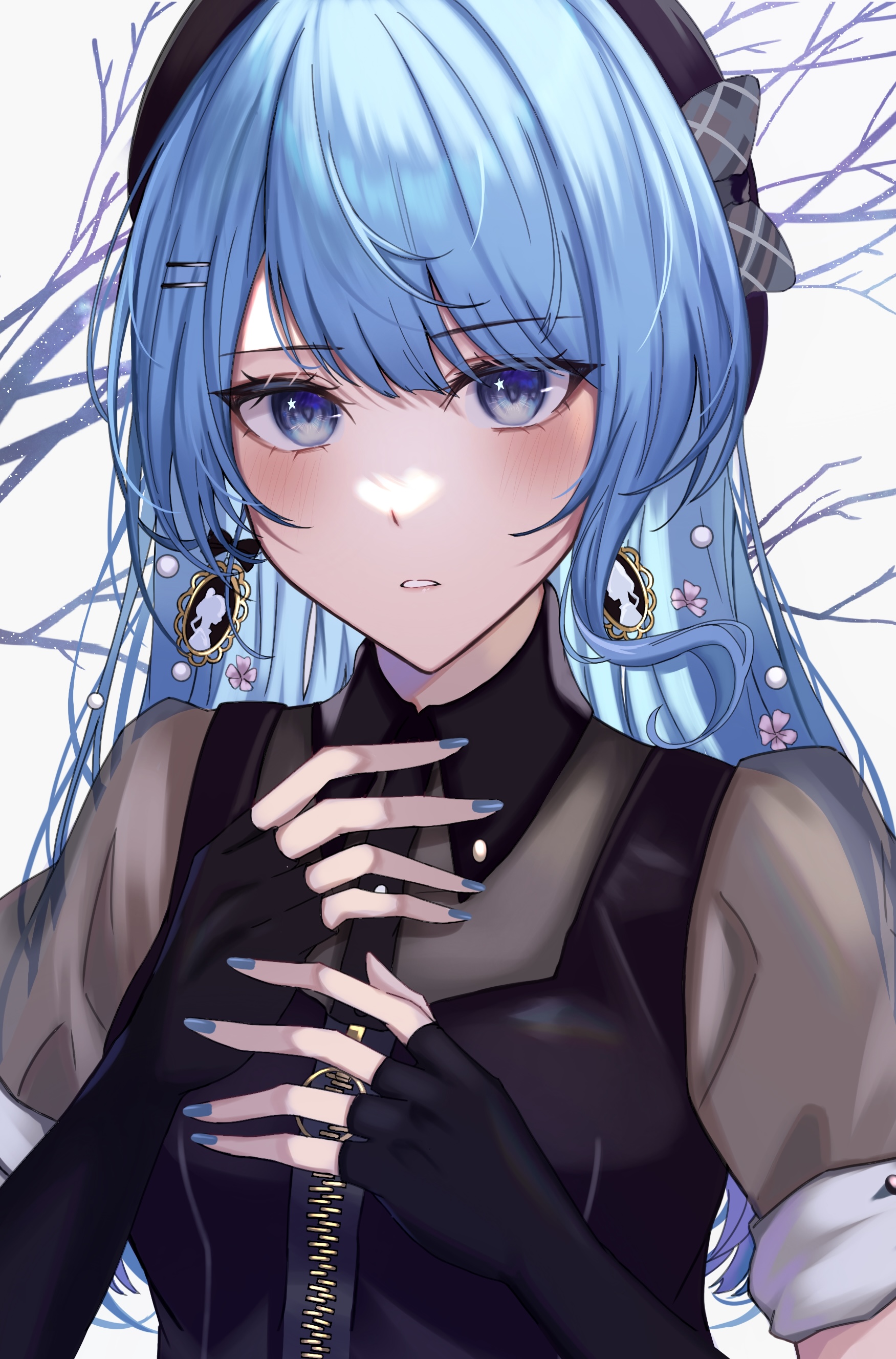 Safebooru - 1girl absurdres beret black gloves black headwear blue eyes blue hair blue nails ...