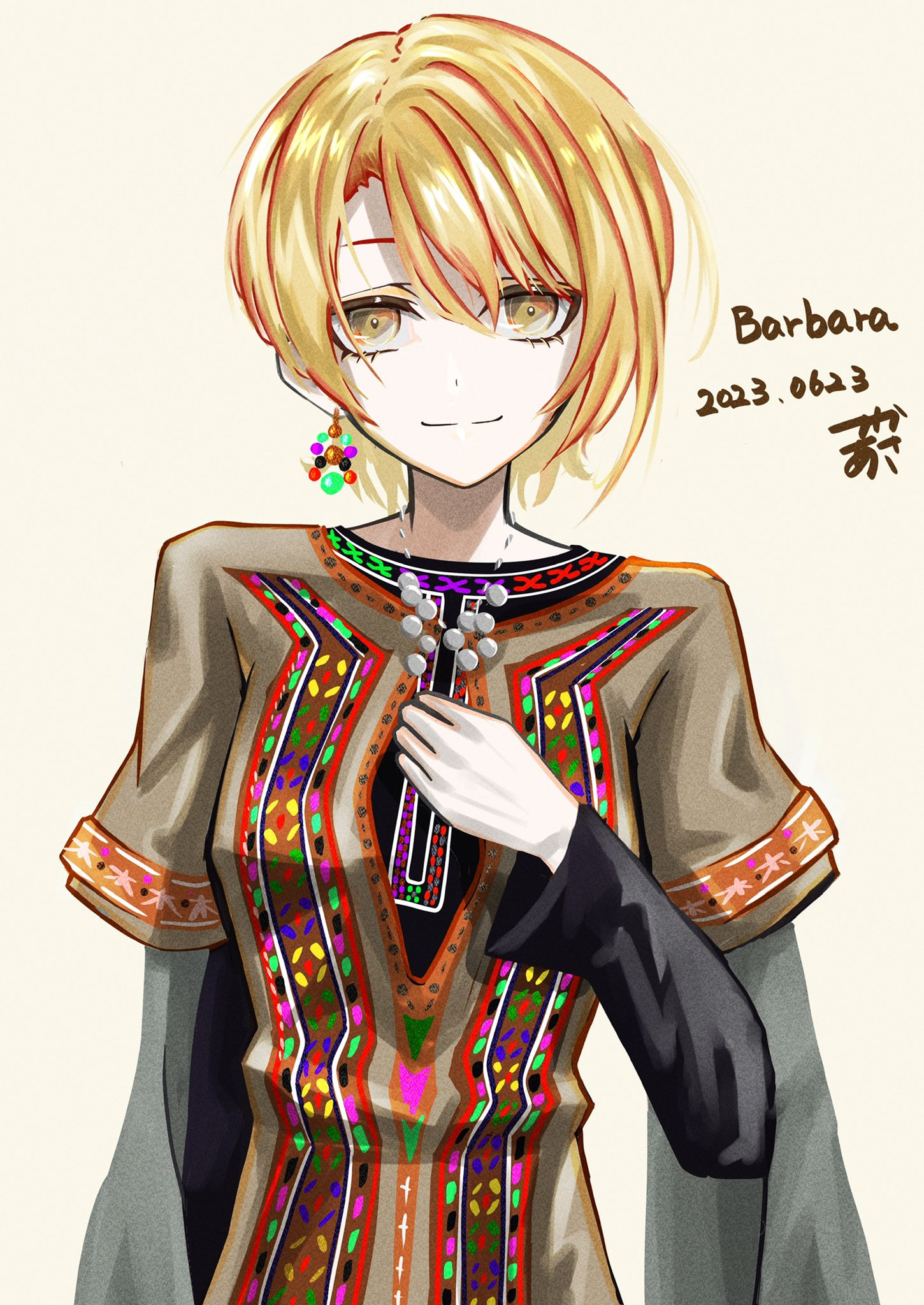 Safebooru - 1girl adjusting necklace bead necklace beads blonde hair character name cowboy shot ...