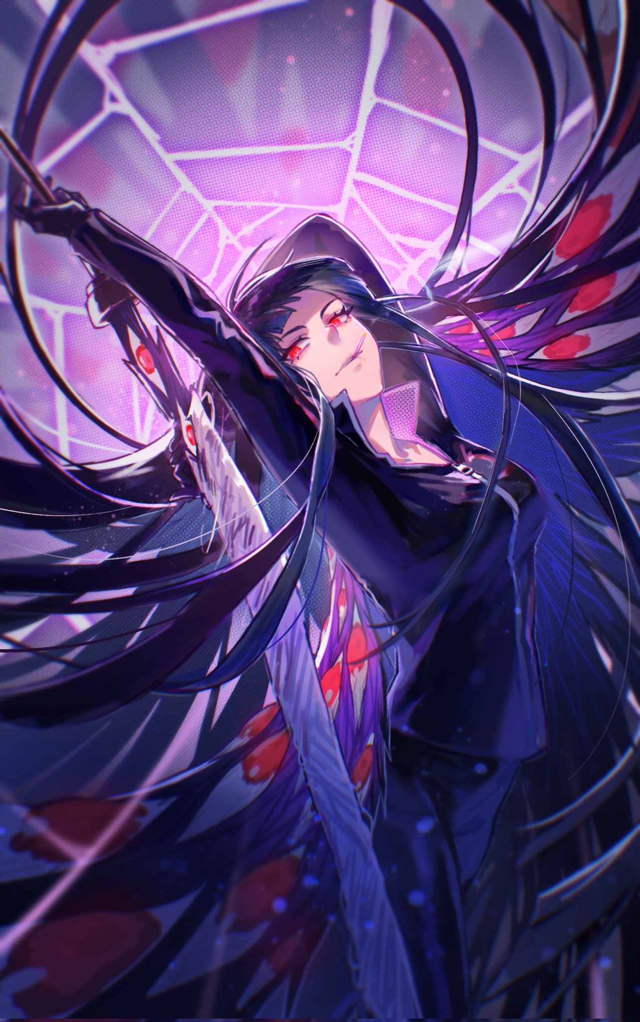 Safebooru - 1girl arms up black jacket black pants blunt bangs ...