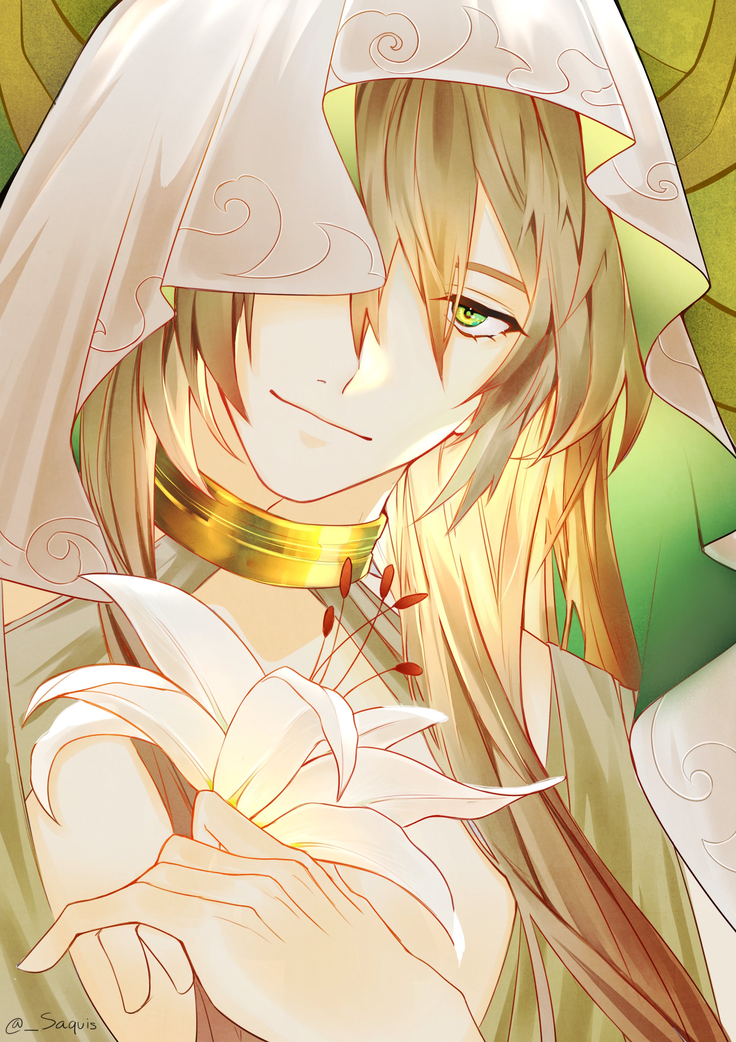 Safebooru - 1boy absurdres androgynous blonde hair closed mouth cosplay flower green eyes hair ...