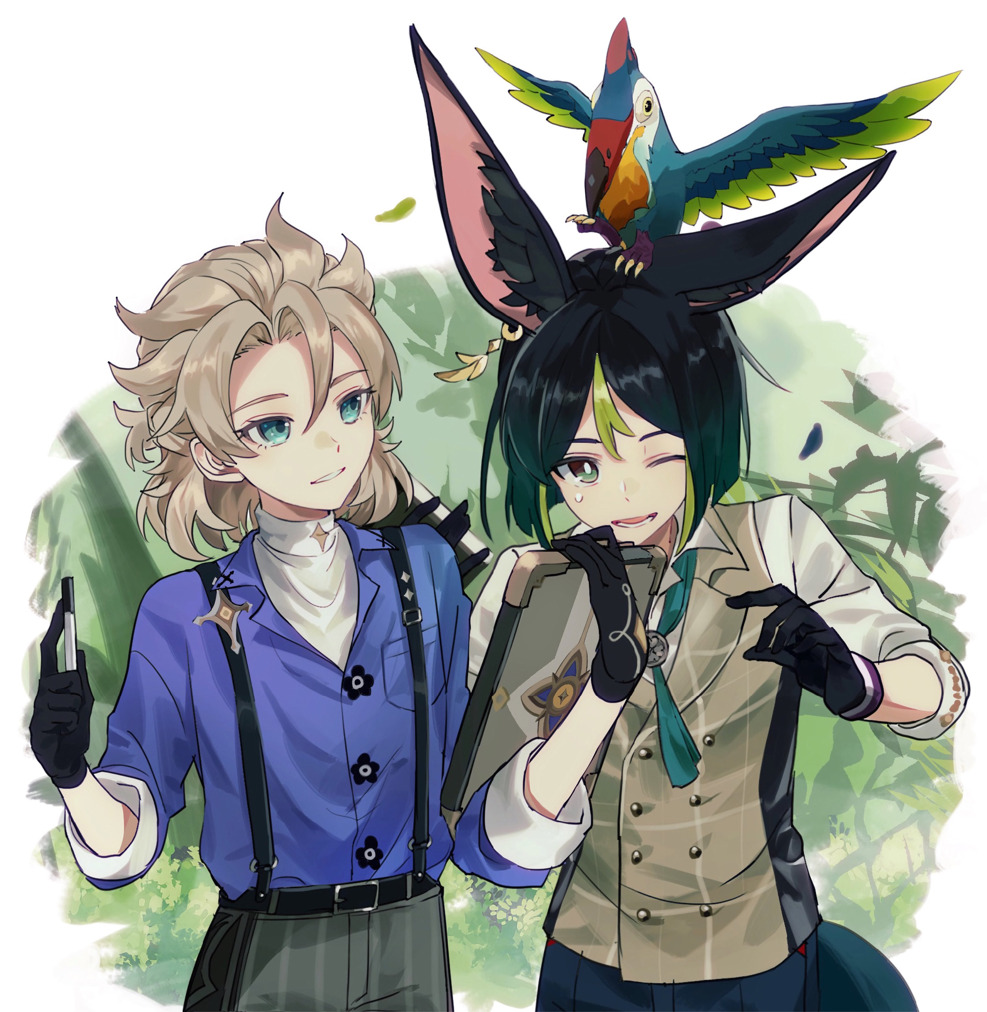 Safebooru - 2boys absurdres albedo (genshin impact) animal ears animal on head bird bird on head ...