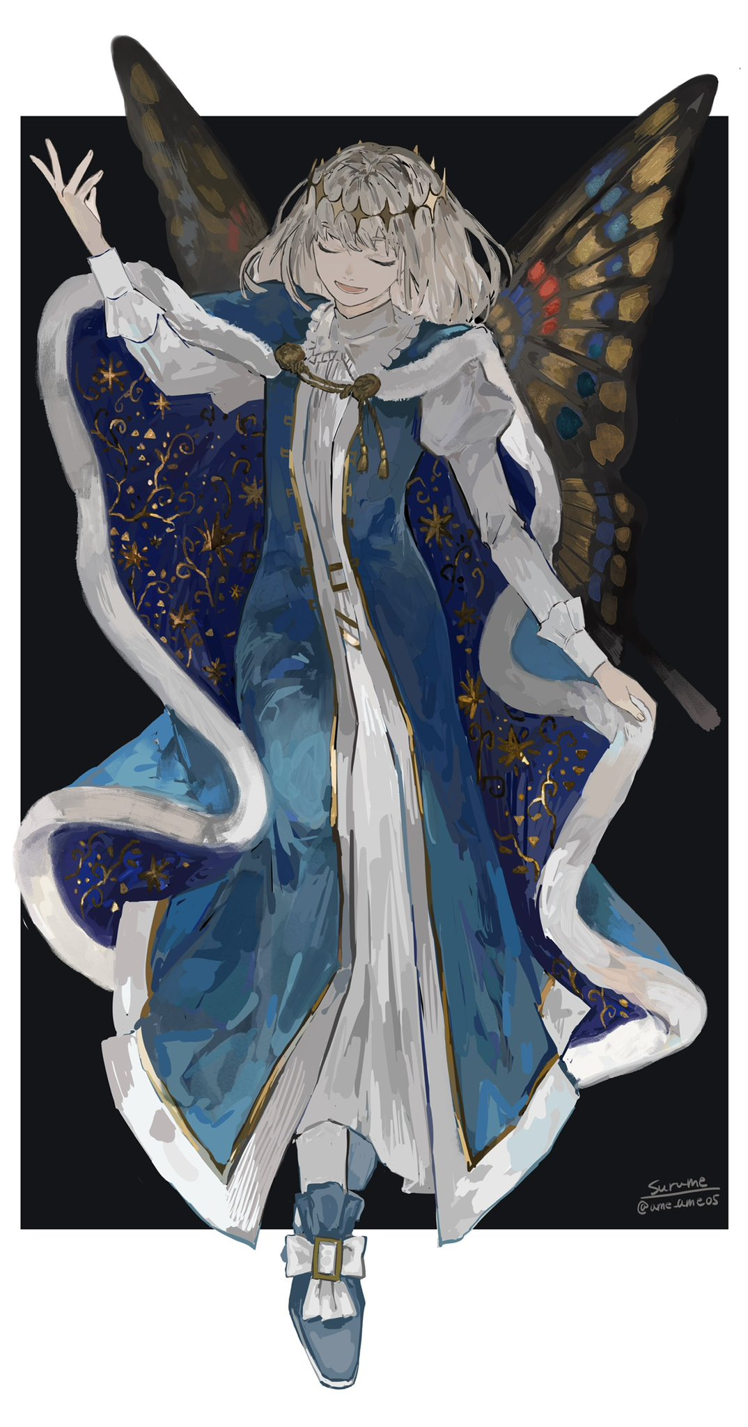 Safebooru - 1boy arthropod boy artist name black background blue cloak butterfly wings cloak ...