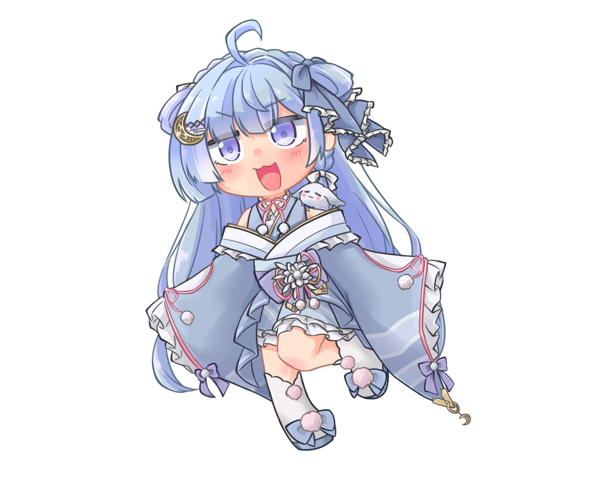 Safebooru - 1girl :3 ahoge amaui animal on shoulder blue bow blue footwear blue hair blue kimono ...