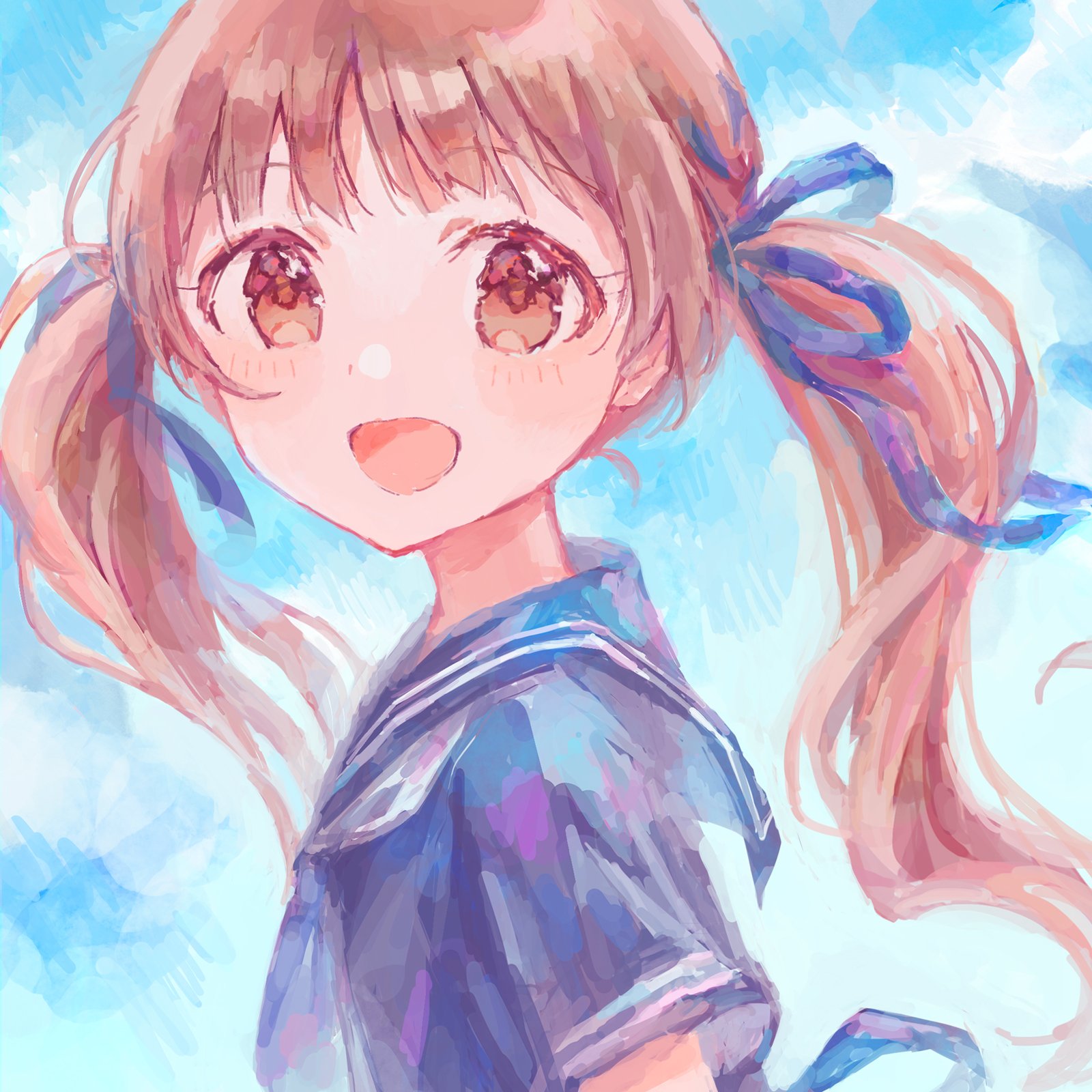 Safebooru - 1girl 3kio2giri :d blue ribbon blue sailor collar blue serafuku blue shirt blue sky ...