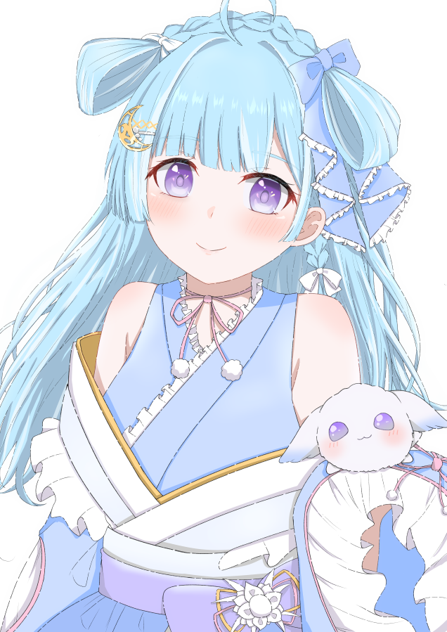 Safebooru - 1girl :3 amaui animal blue bow blue hair blue kimono blunt bangs blush bow braid ...