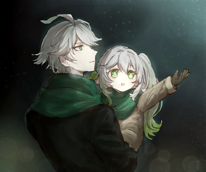 Safebooru - 1boy 1girl :d ahoge alhaitham (genshin impact) alternate costume aqua hair ...