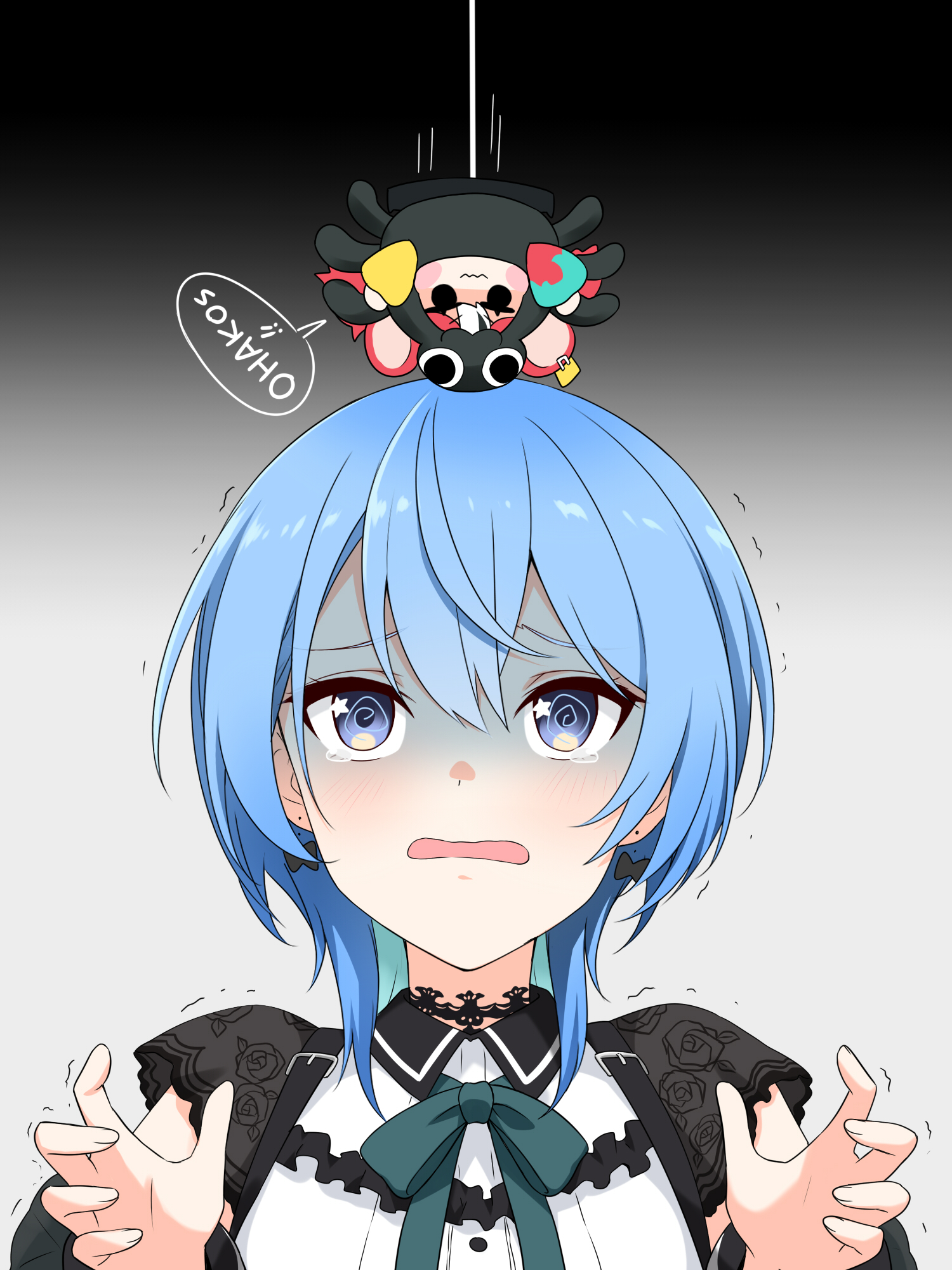 Safebooru - 1girl @ @ black choker black dress blue eyes boots bow bow earrings chibi chibi ...