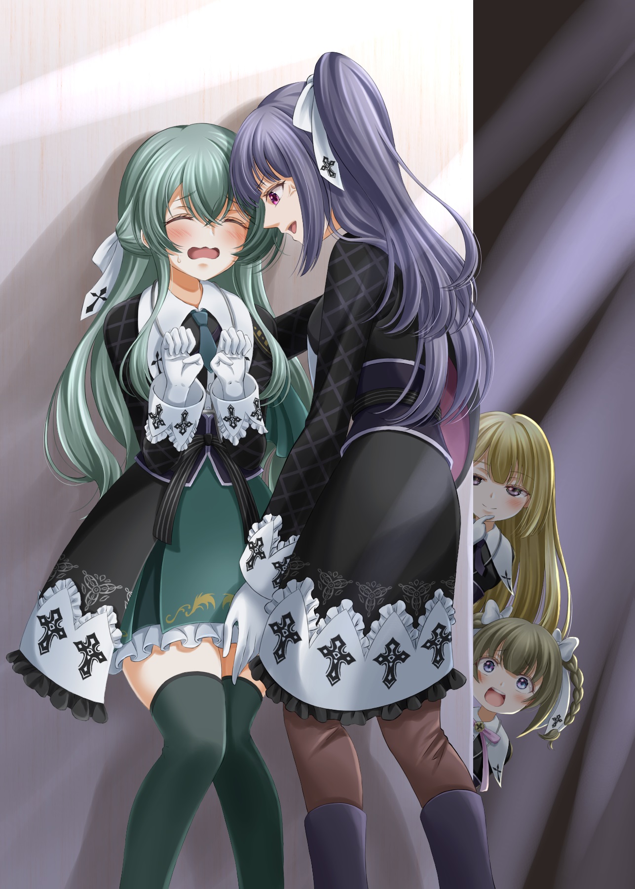 Safebooru - 4girls against wall anger vein aqua necktie assault lily ...