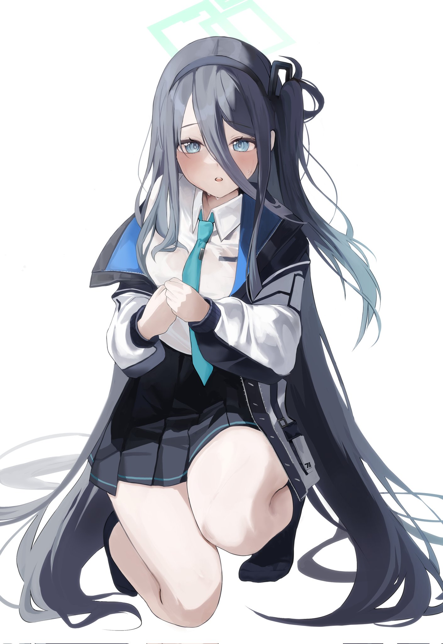 Safebooru - 1girl aqua necktie aris (blue archive) black hair black skirt black socks blue ...