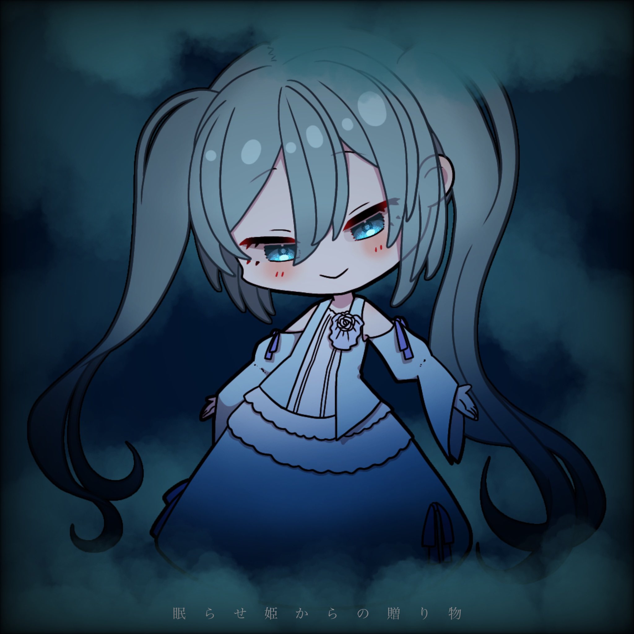 Safebooru - 1girl aqua eyes aqua hair bare shoulders blue dress chibi clothing cutout dress ...