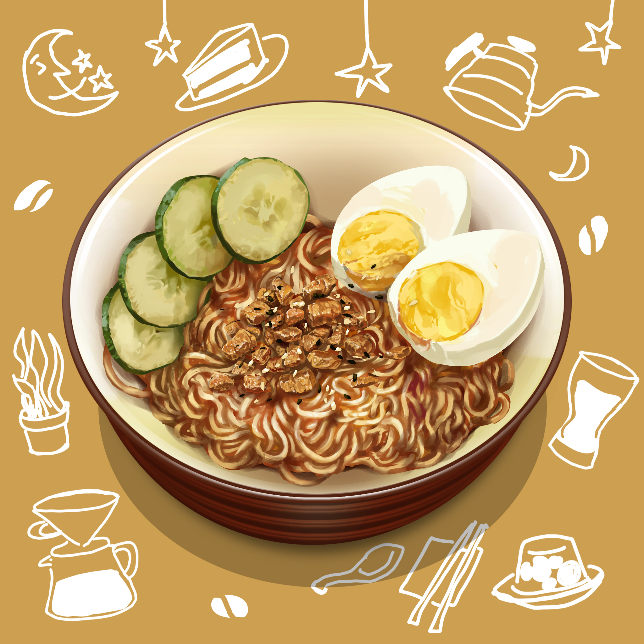 Safebooru - bowl brown background crescent moon cucumber cucumber slice ...