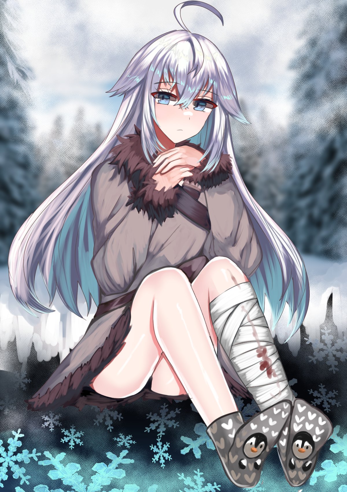 Safebooru - ahoge bandaged leg bandages blood blood on bandages blue eyes blue sealad blurry ...