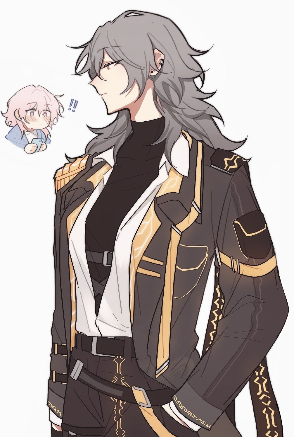 Safebooru - ! !! 2girls alternate costume belt black belt black pants black shirt blue jacket ...