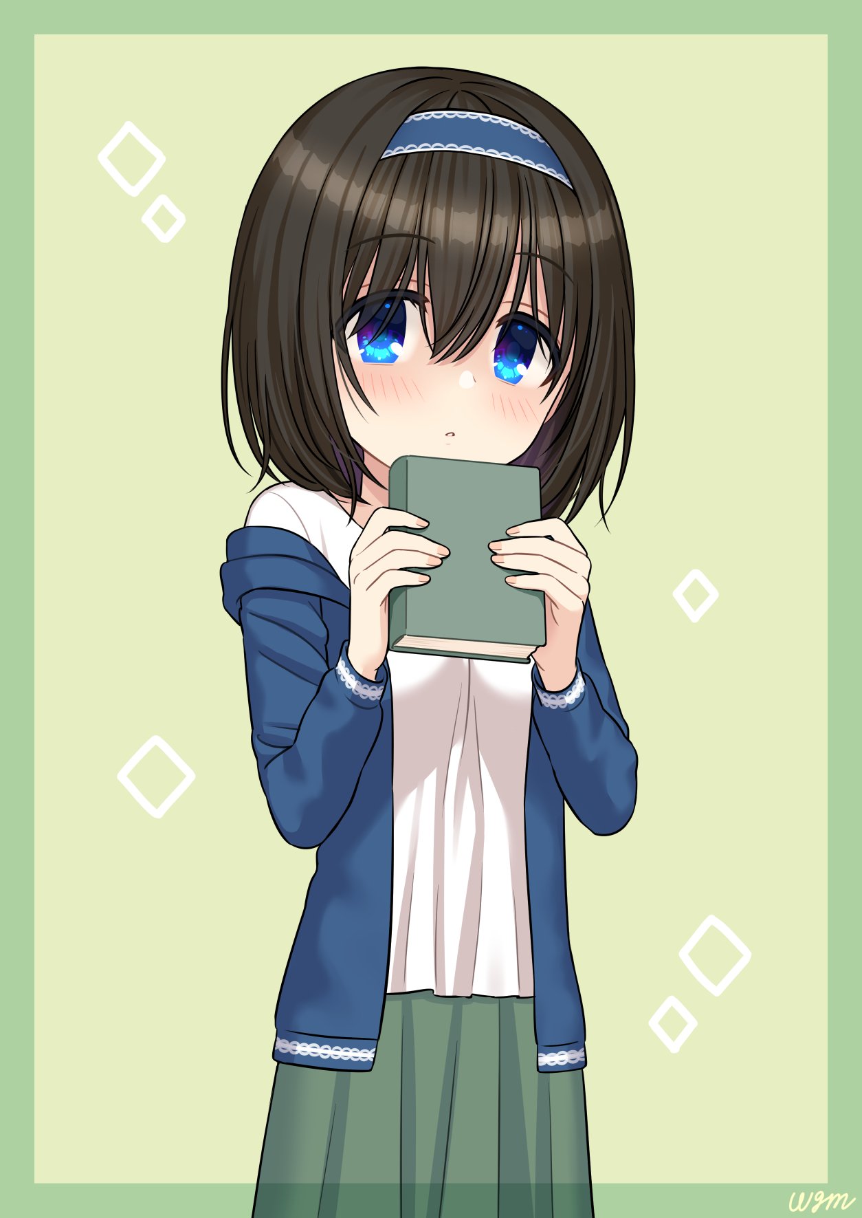 Safebooru - 1girl aged down black hair blue cardigan blue eyes blue hairband blush book cardigan ...
