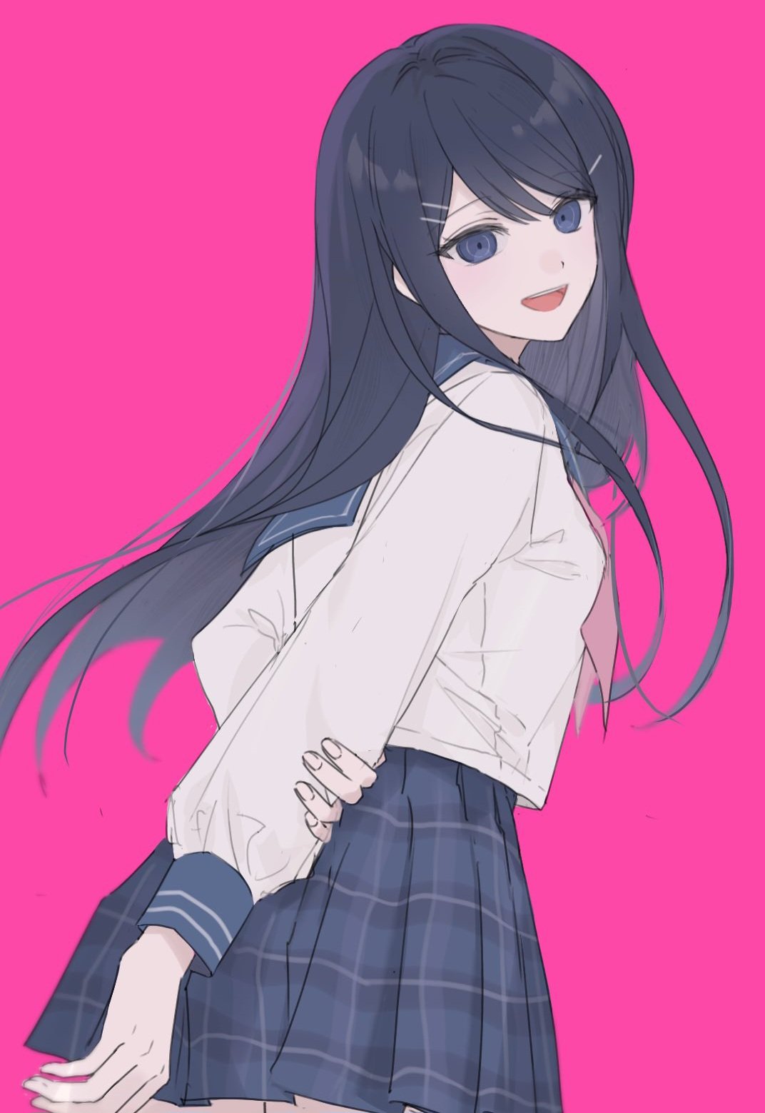 Safebooru - 1girl :d arm behind back black skirt blue eyes blue sailor collar blue skirt ...