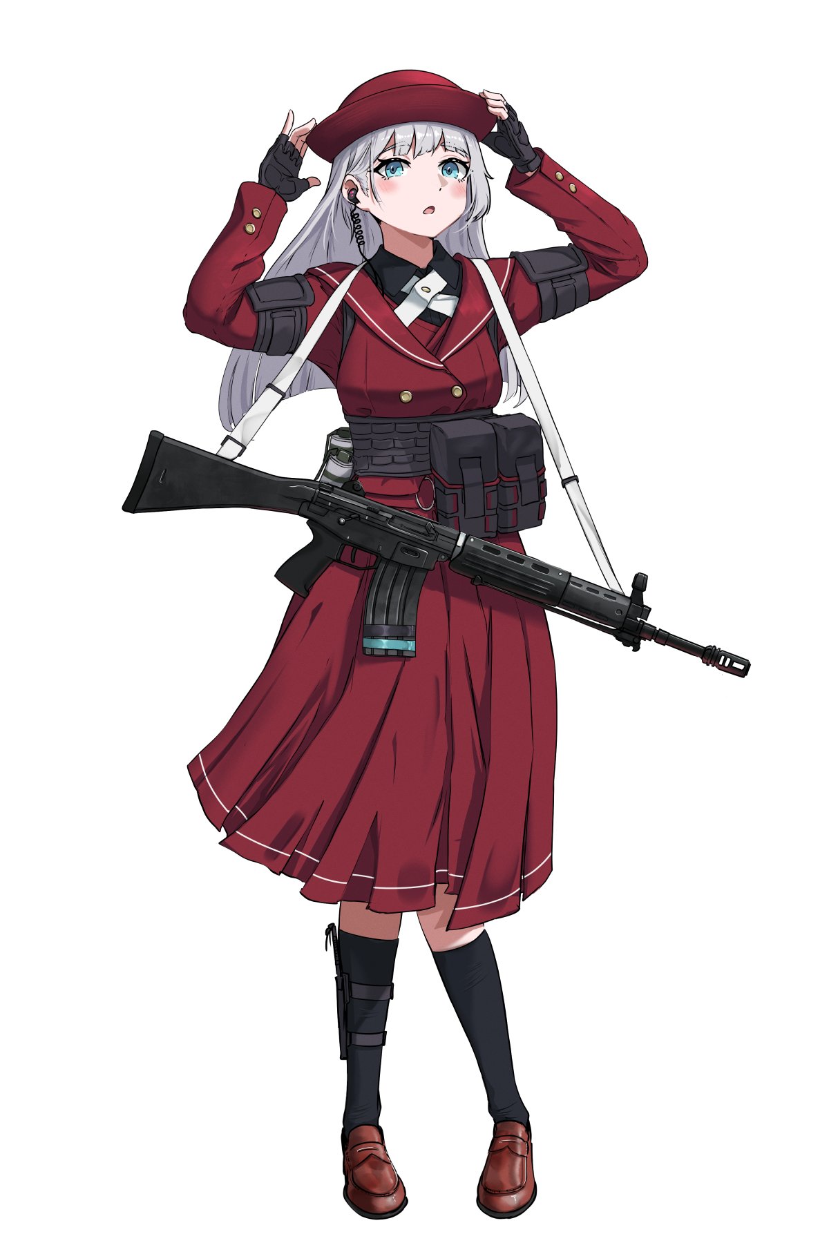 Safebooru - 1girl adjusting clothes adjusting headwear assault rifle black gloves black shirt ...