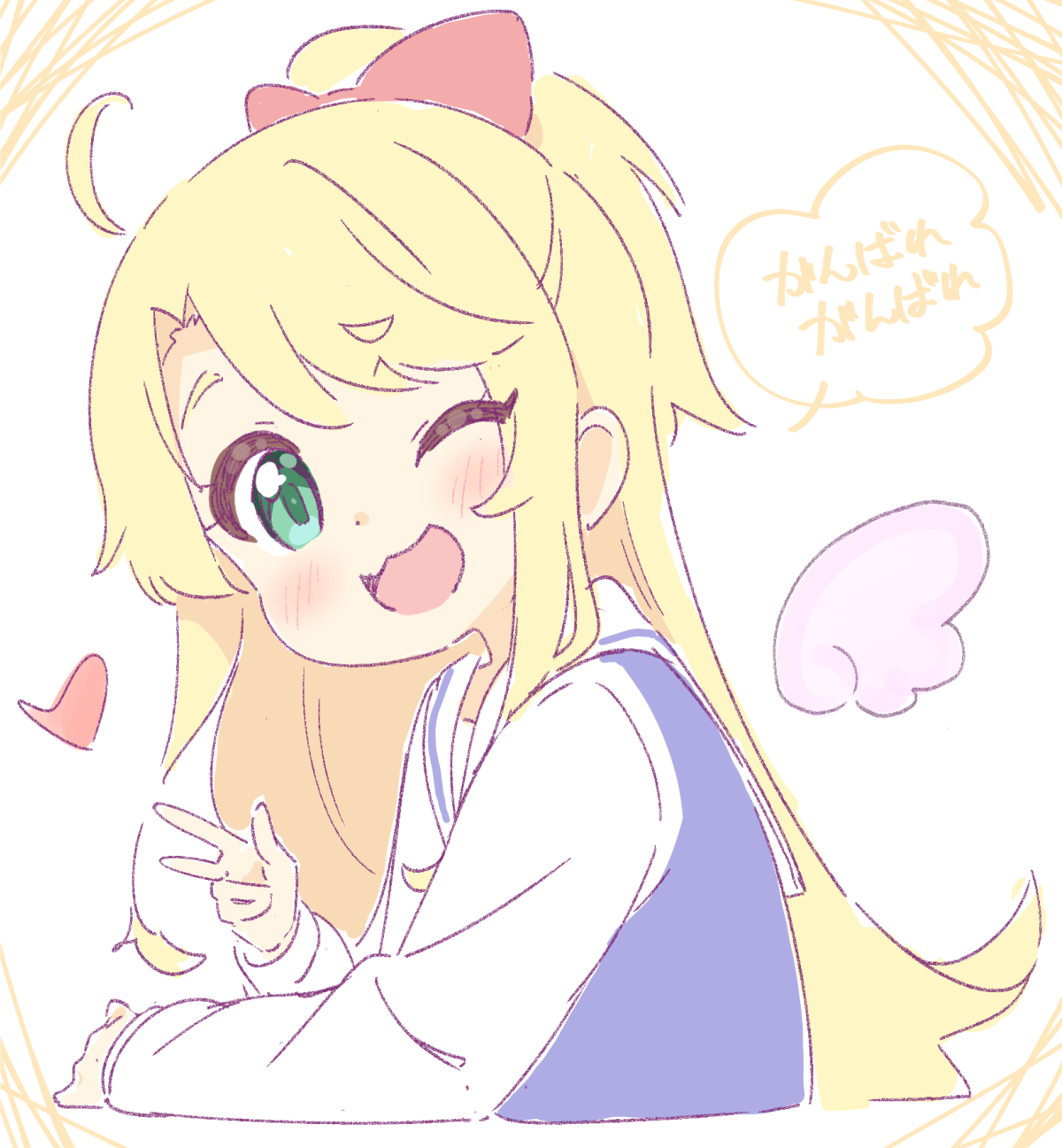 Safebooru - 1girl ;d blonde hair blue dress blush bow cropped torso dress from side green eyes ...