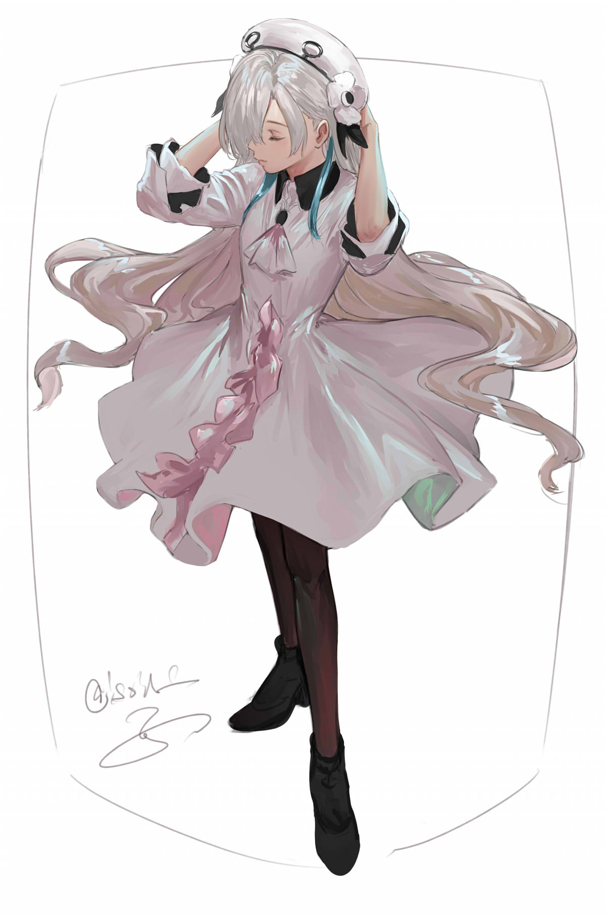 Safebooru - 1girl adjusting clothes adjusting headwear aqua hair ascot beret black footwear ...