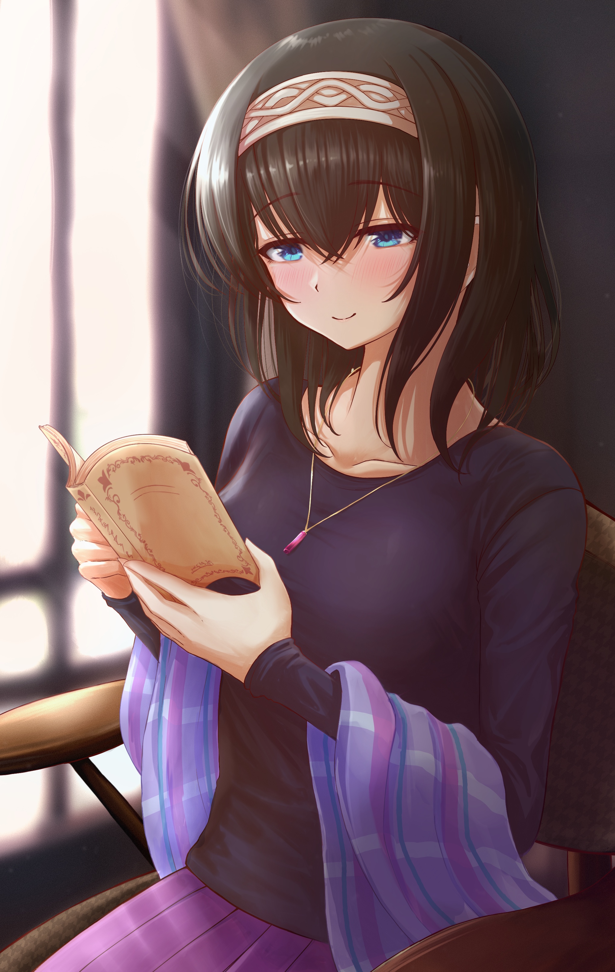 Safebooru - 1girl absurdres black hair blue eyes blush book breasts hairband highres holding ...