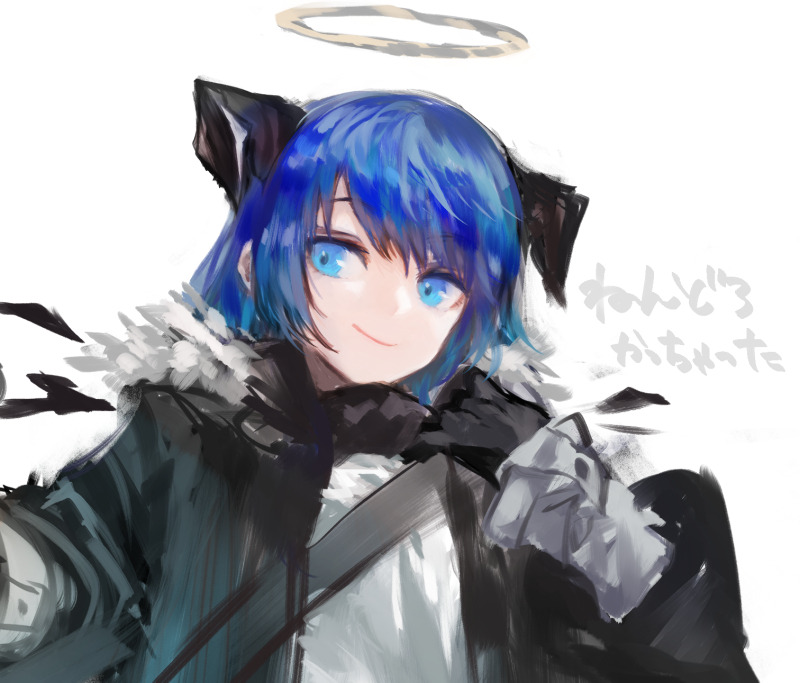 Safebooru - 1girl arknights black gloves black horns black jacket blue eyes blue hair closed ...