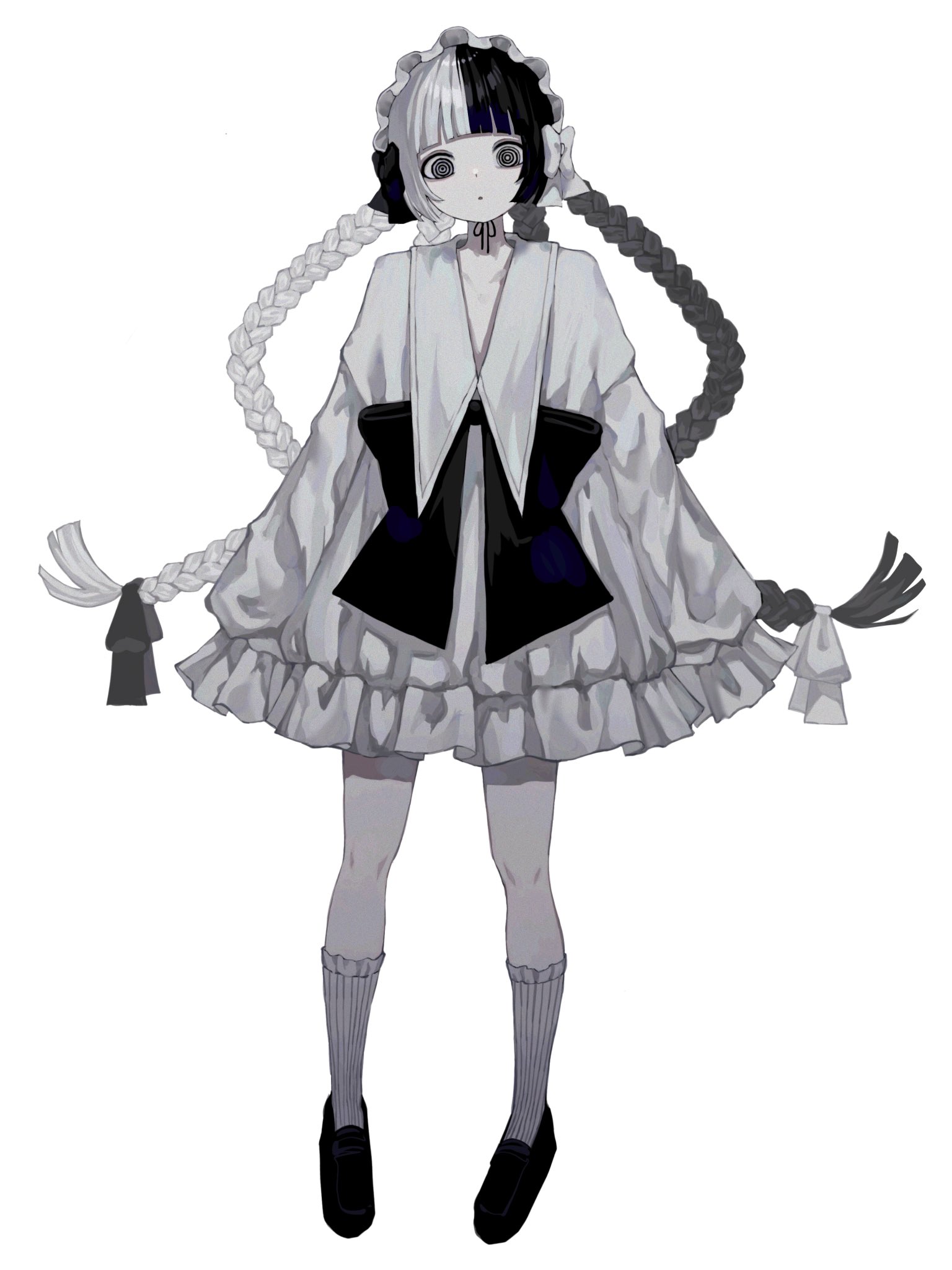 Safebooru - 1girl @ @ black bow black eyes black footwear black hair bow braid colored skin ...