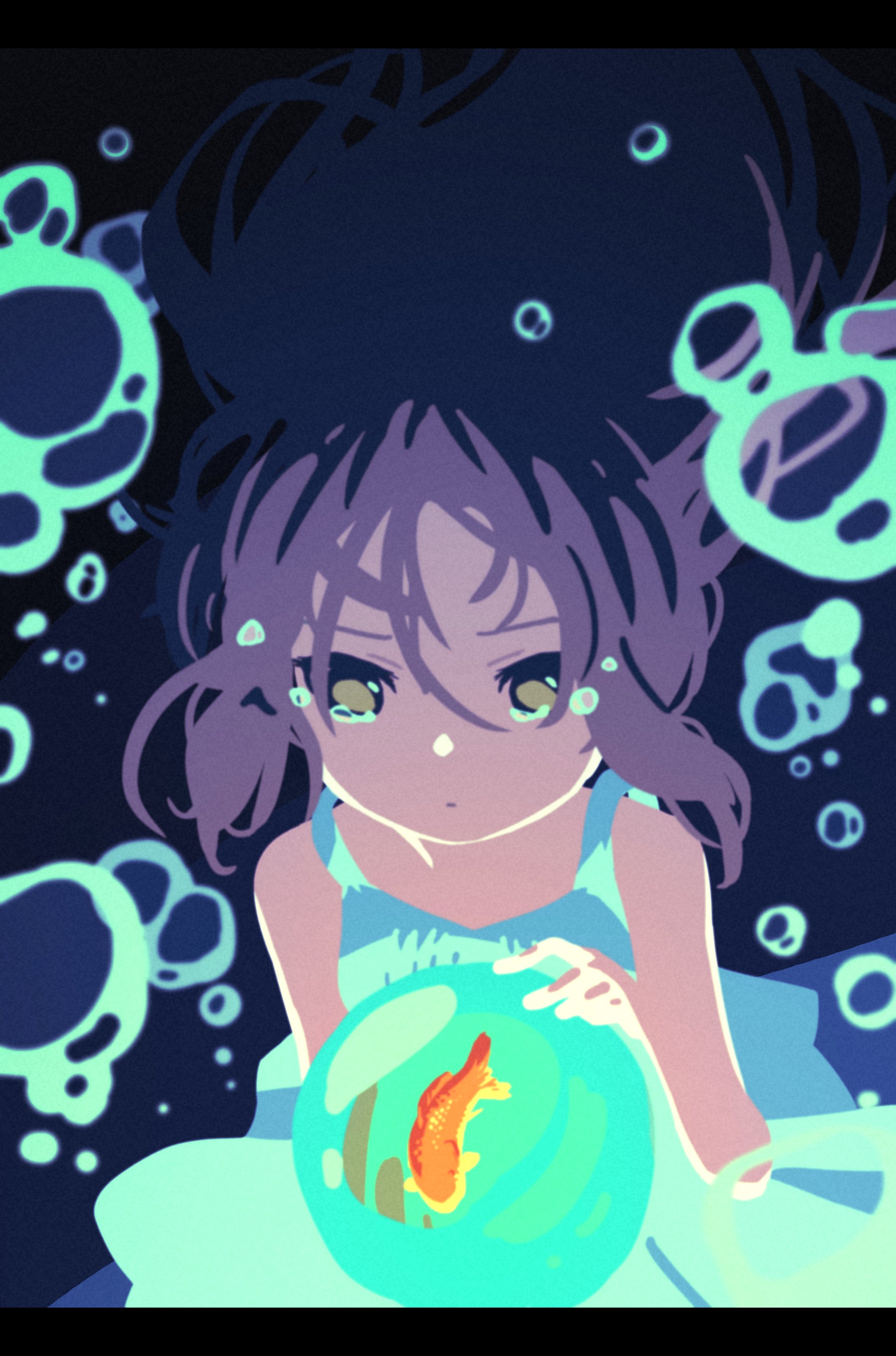 Safebooru - 1girl absurdres air bubble bare shoulders brown eyes brown hair bubble crying crying ...