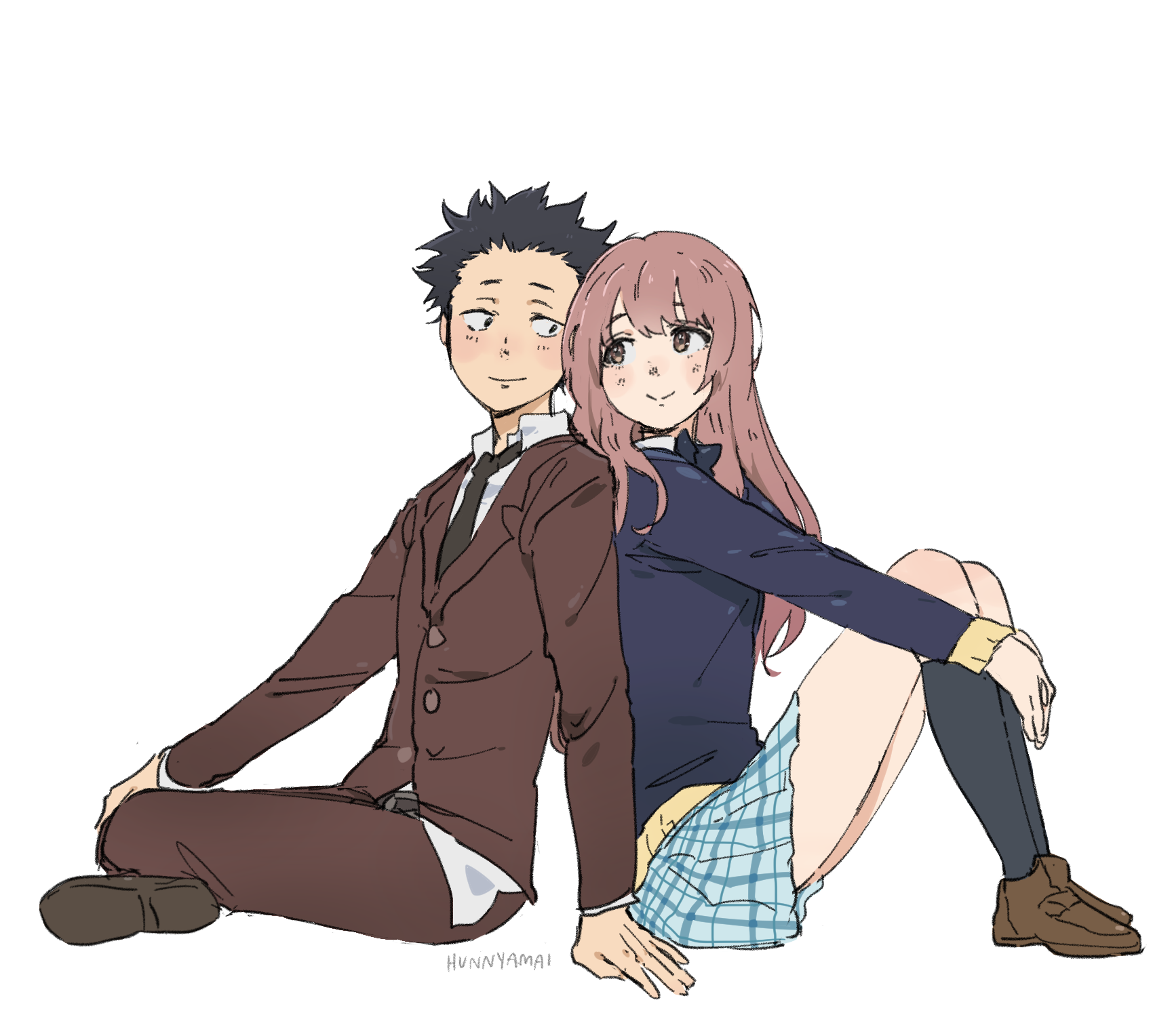 Safebooru - 1boy 1girl back-to-back belt black eyes black hair black necktie blue bow blue ...