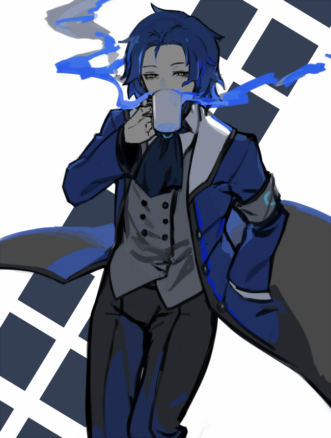 Safebooru - 1boy ascot black pants blue ascot blue coat blue hair chesed (project moon) coat ...