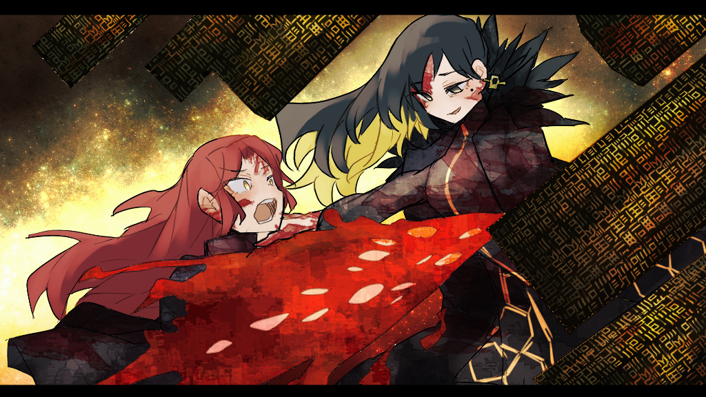 Safebooru - 2girls binah (project moon) black cape black coat black dress black eyes black hair ...