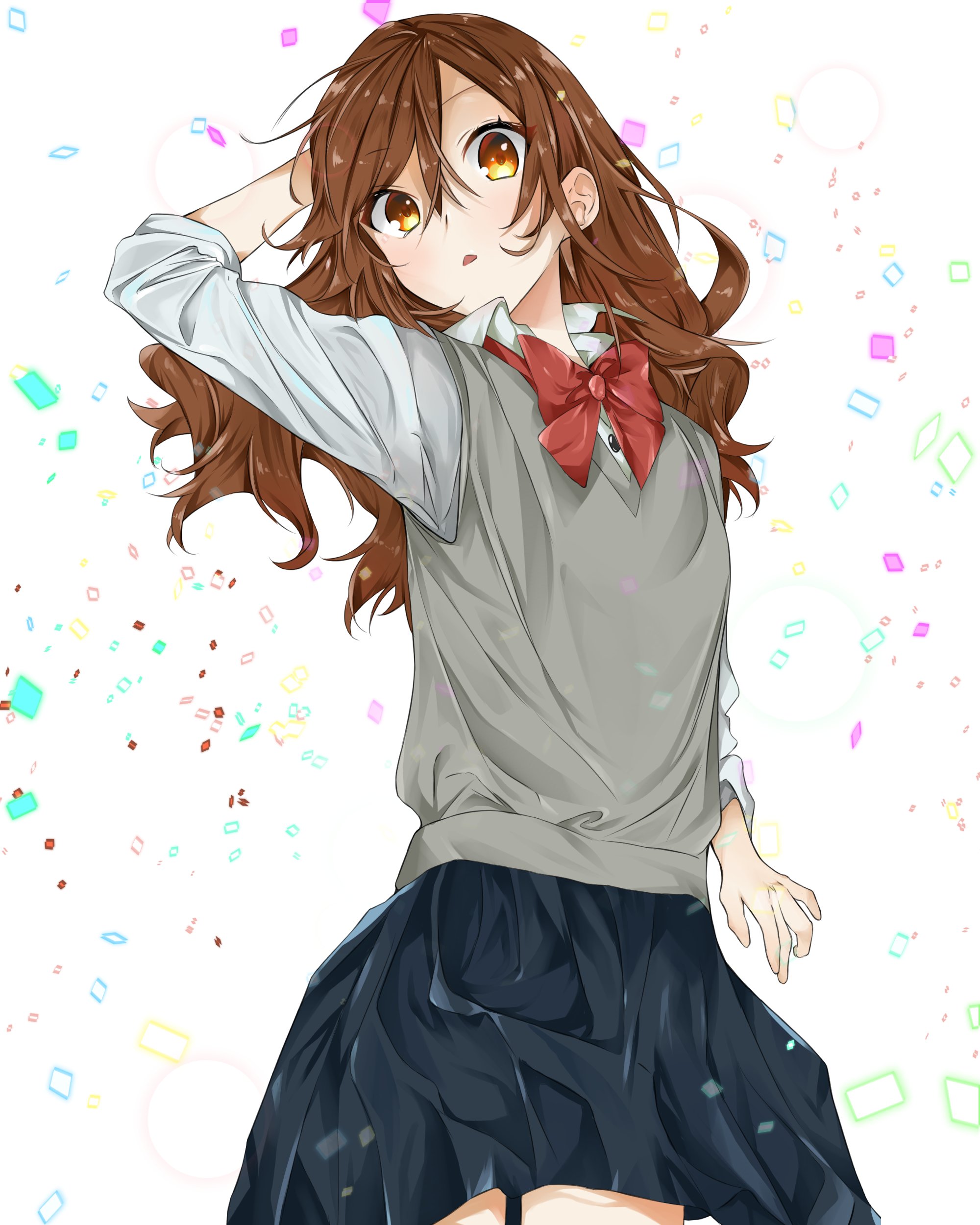 Safebooru - 1girl absurdres black skirt bow bowtie brown hair commentary confetti cowboy shot ...