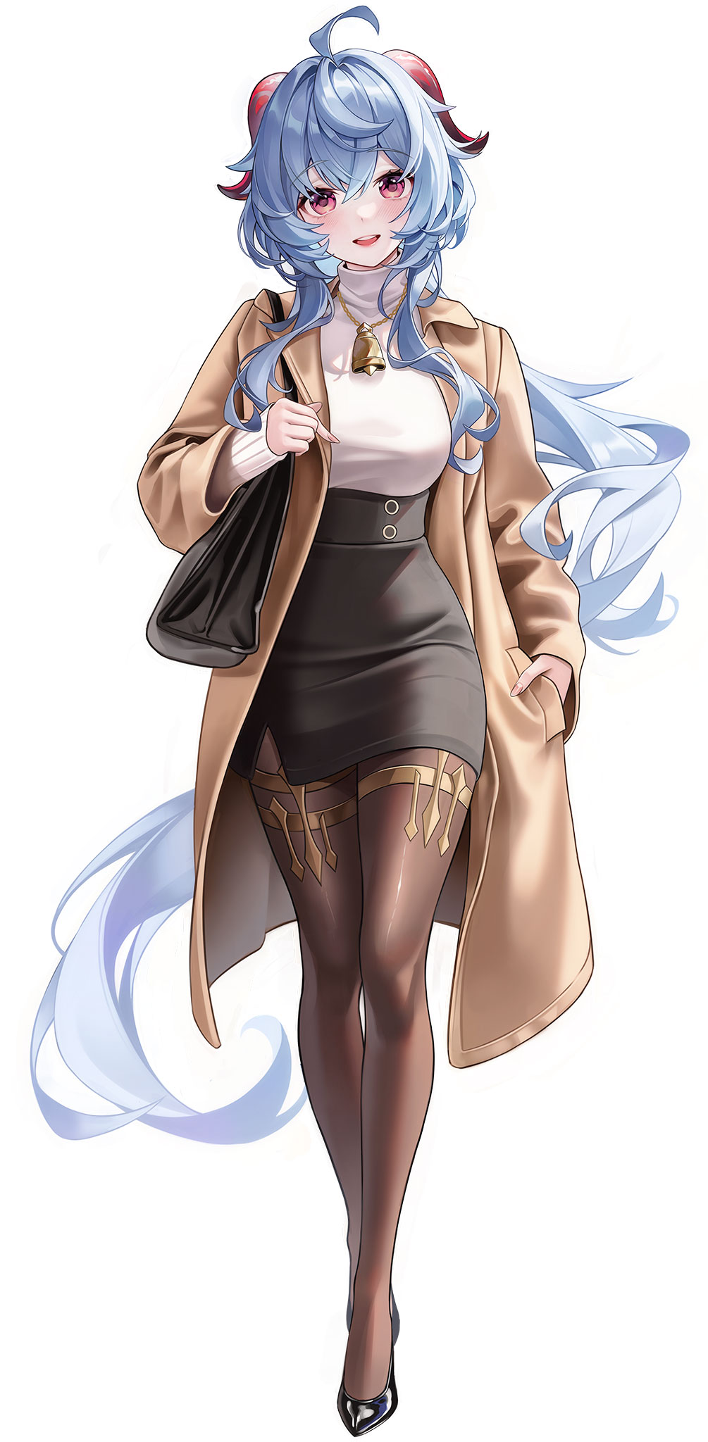 Safebooru - 1girl ahoge alternate costume bag bell black footwear black skirt blue hair brown ...