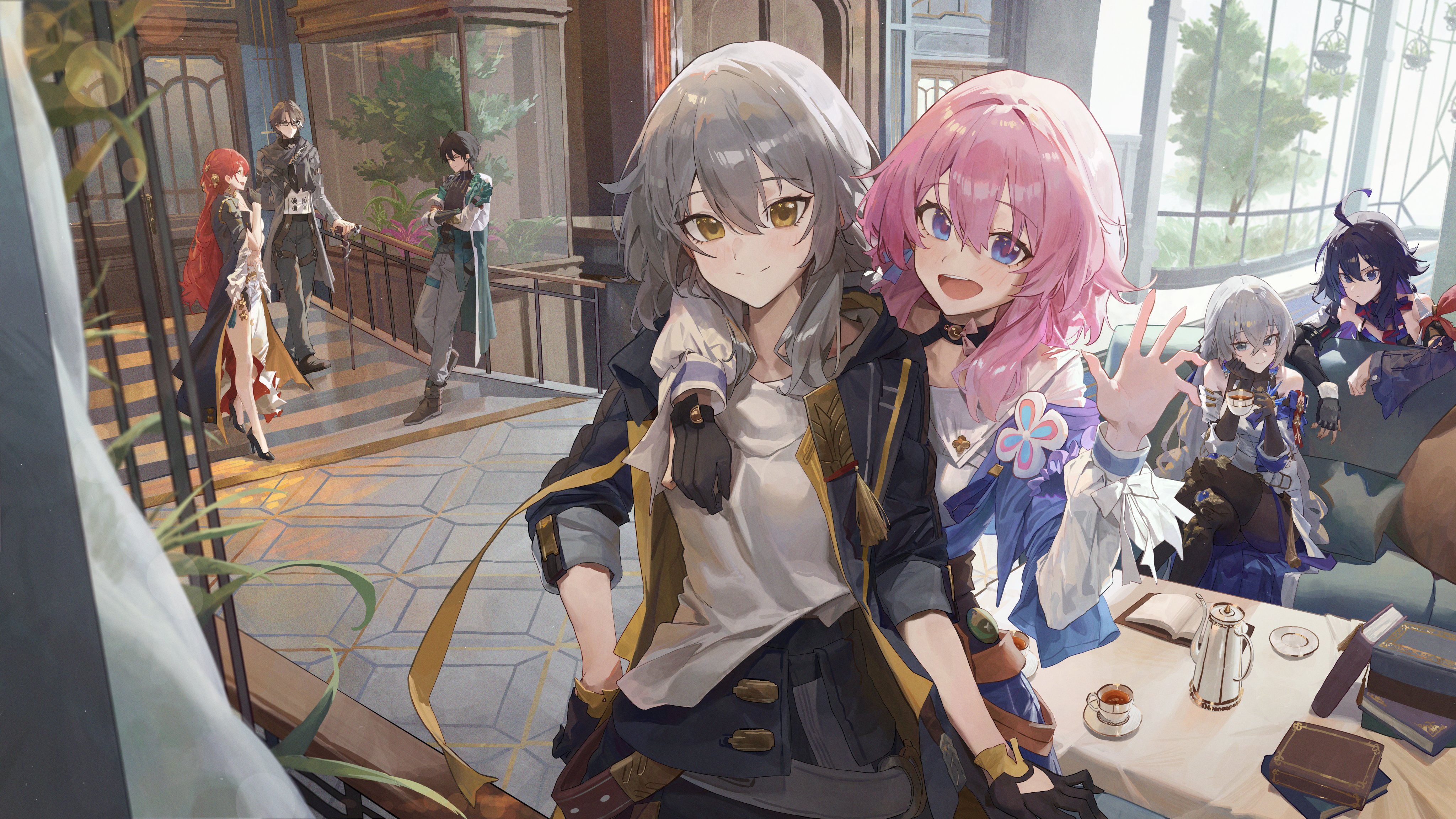 Safebooru - 2boys 5girls absurdres black gloves black jacket blue eyes blue hair blue jacket ...