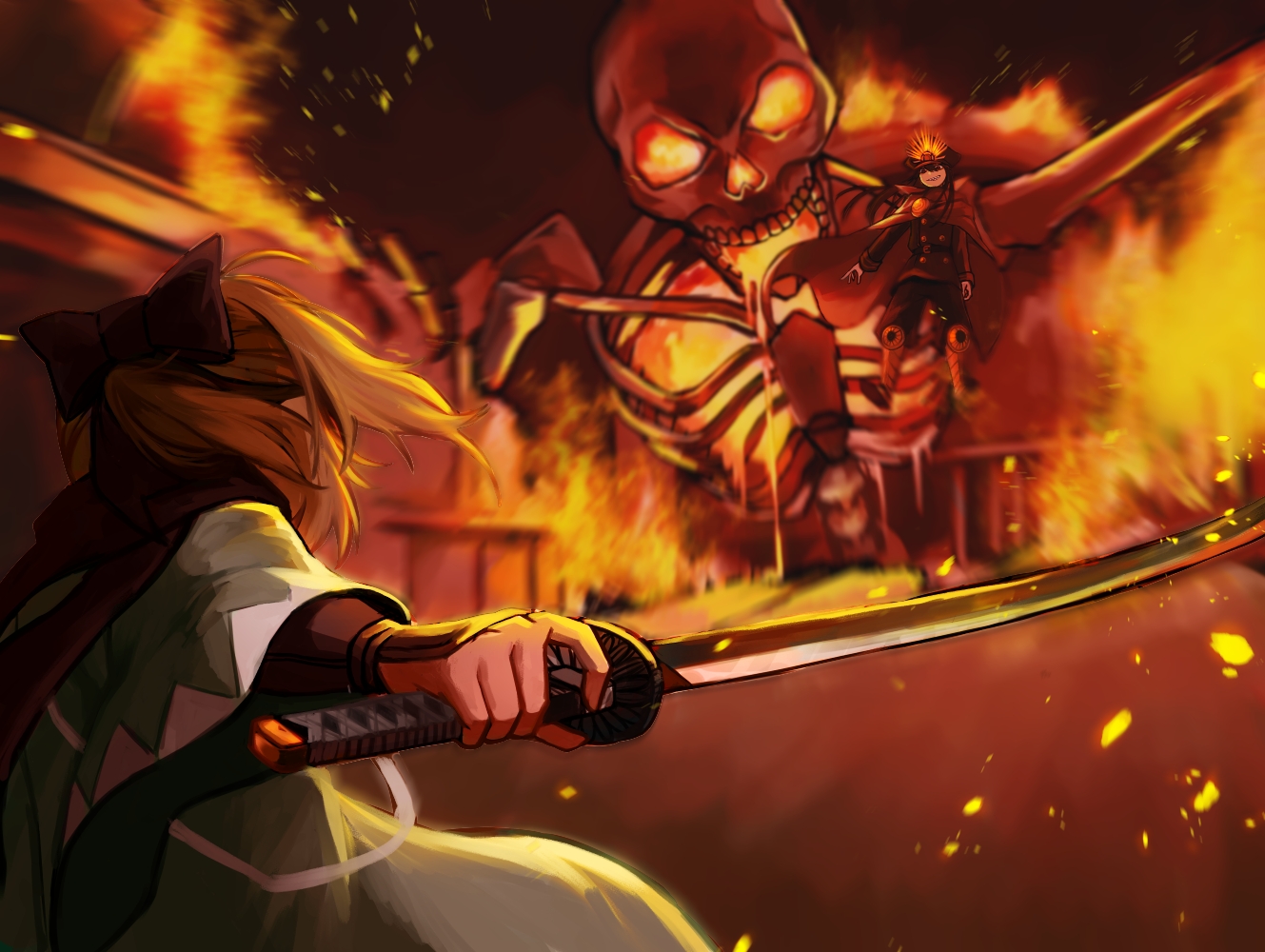 Safebooru - 2girls arm guards badnick69 (camchi) black bow black scarf ...