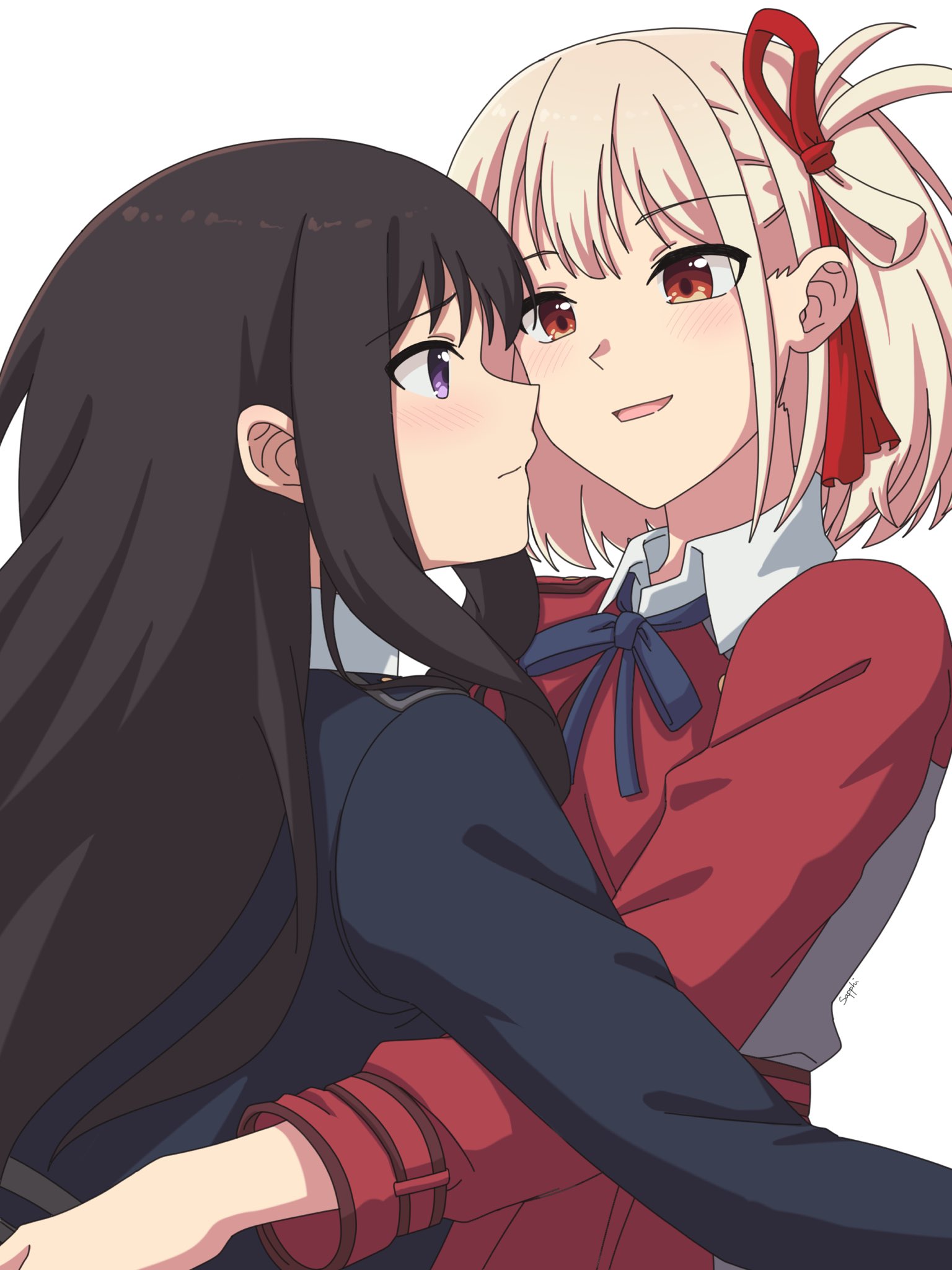 Safebooru - 2girls artist name black hair blonde hair blue dress blue ribbon blush closed mouth ...