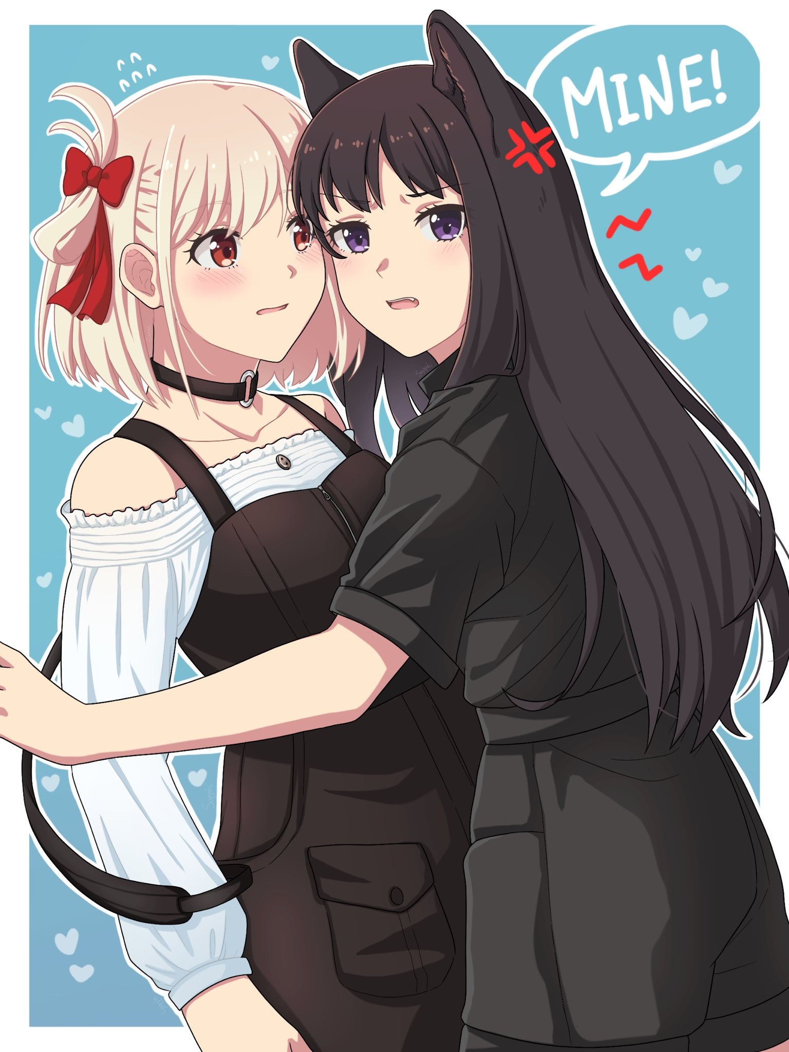 Safebooru - 2girls animal ears bare shoulders black choker black hair black overalls black shirt ...