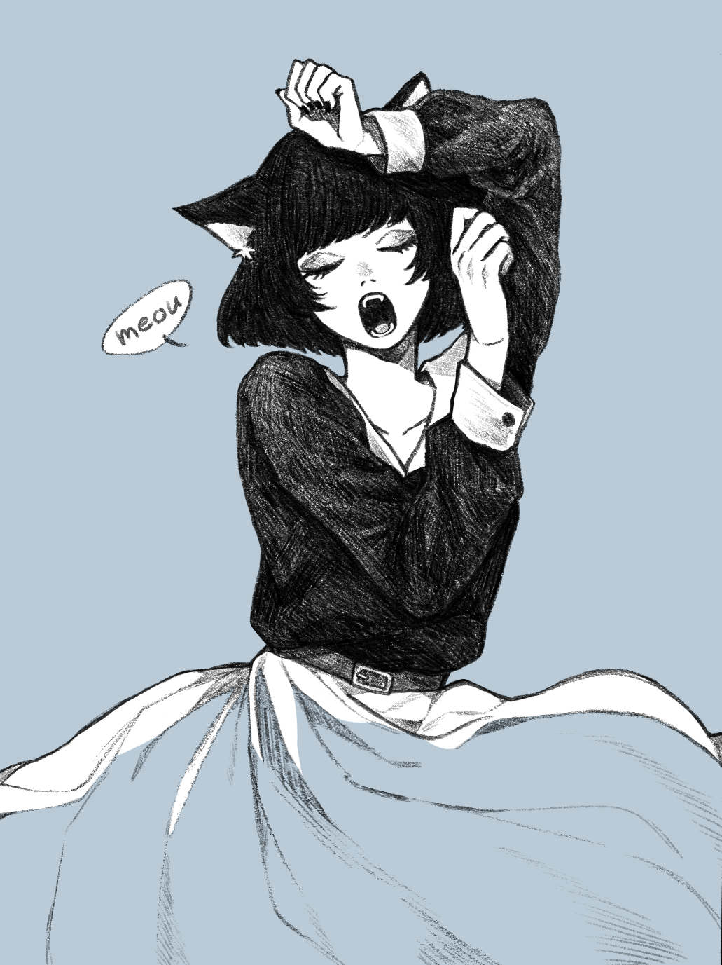 Safebooru - 1girl animal ears arm up blunt bangs bob cut cat ears cat girl closed eyes fangs ...