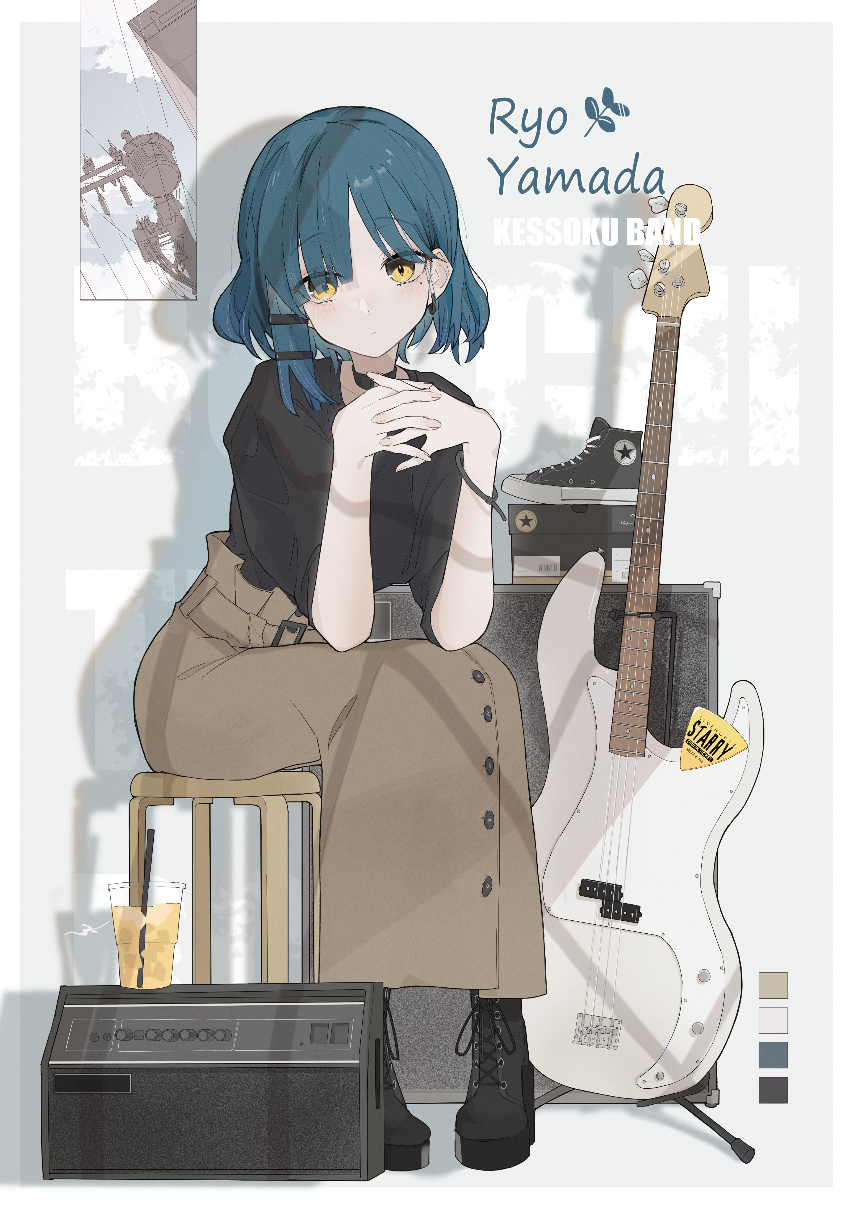 Safebooru - 1girl absurdres amplifier ayato ri yagi black footwear black shirt blue hair bocchi ...