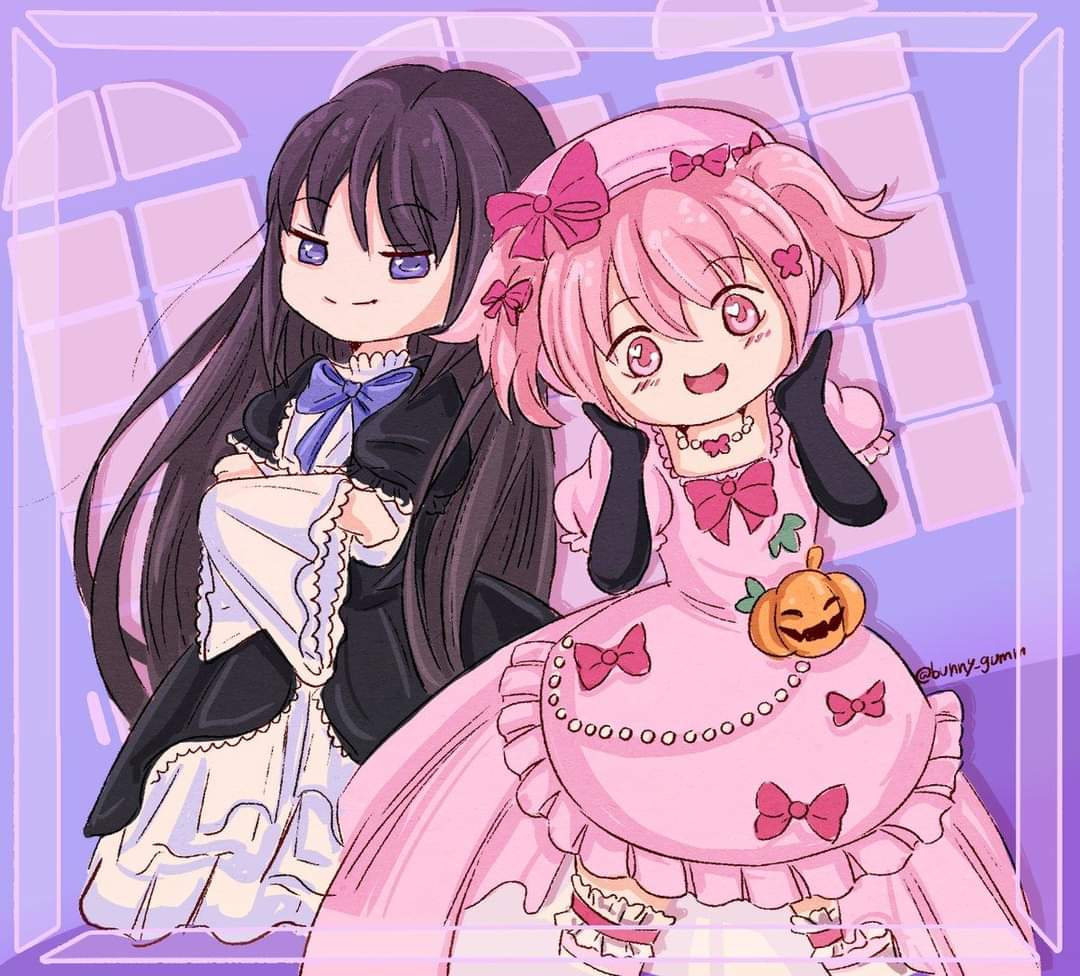 Safebooru - 2girls akemi homura black gloves black hair blue bow blush bow butterfly hair ...