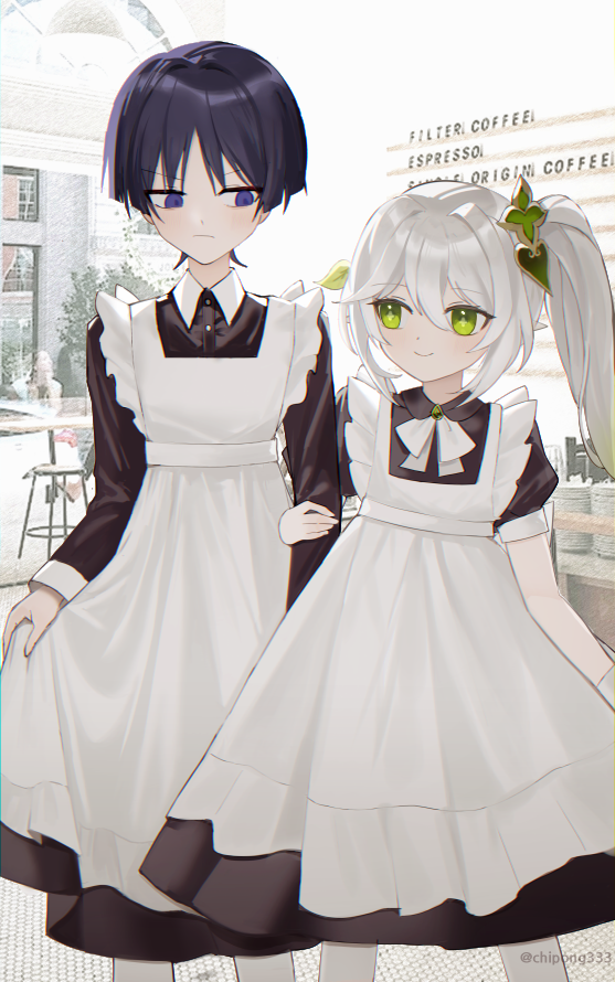 Safebooru - 1boy 1girl alternate costume apron arm hug black dress black hair bow chipong closed ...