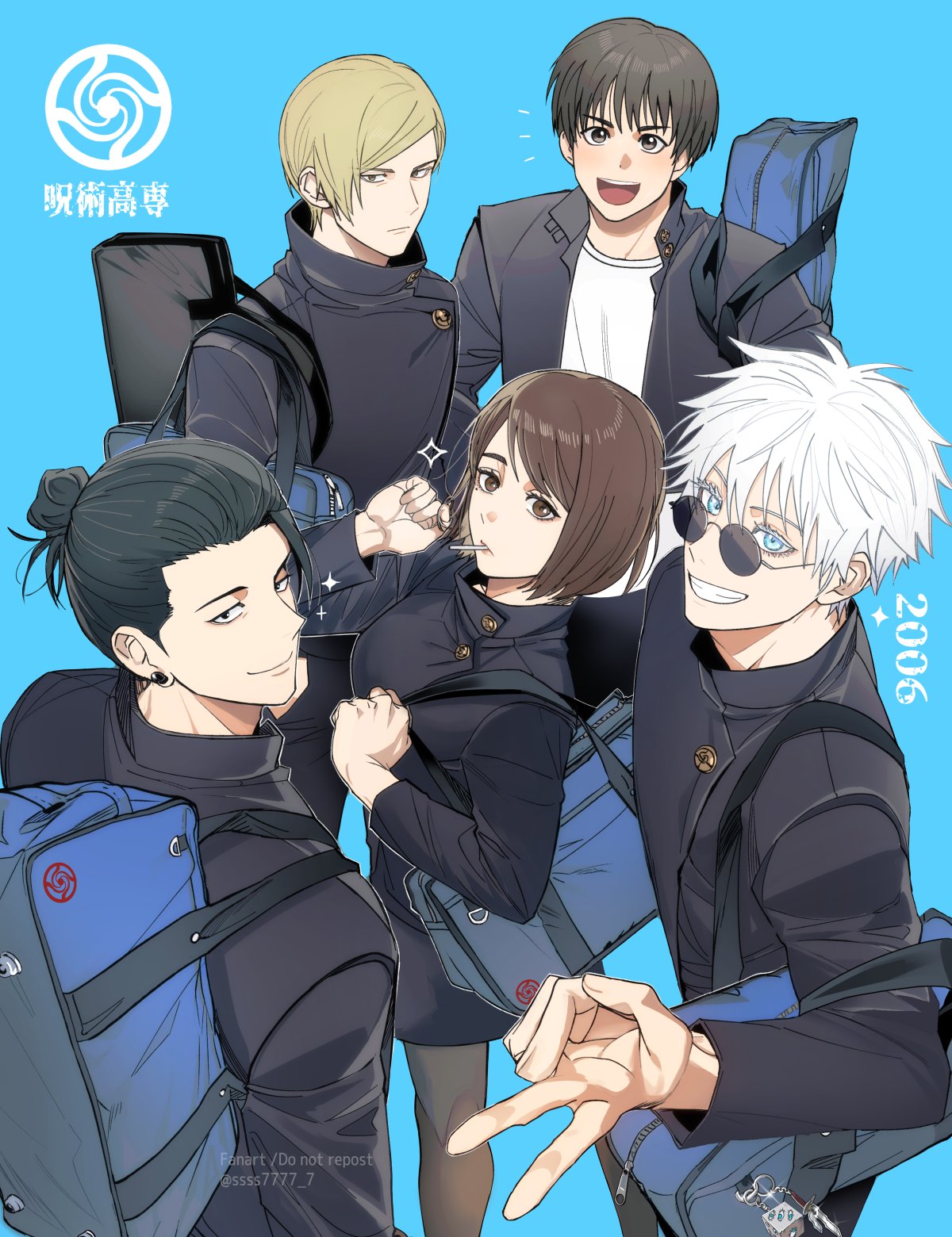 Safebooru - 1girl 4boys :d bag black eyes black hair black jacket black pants black skirt blonde ...