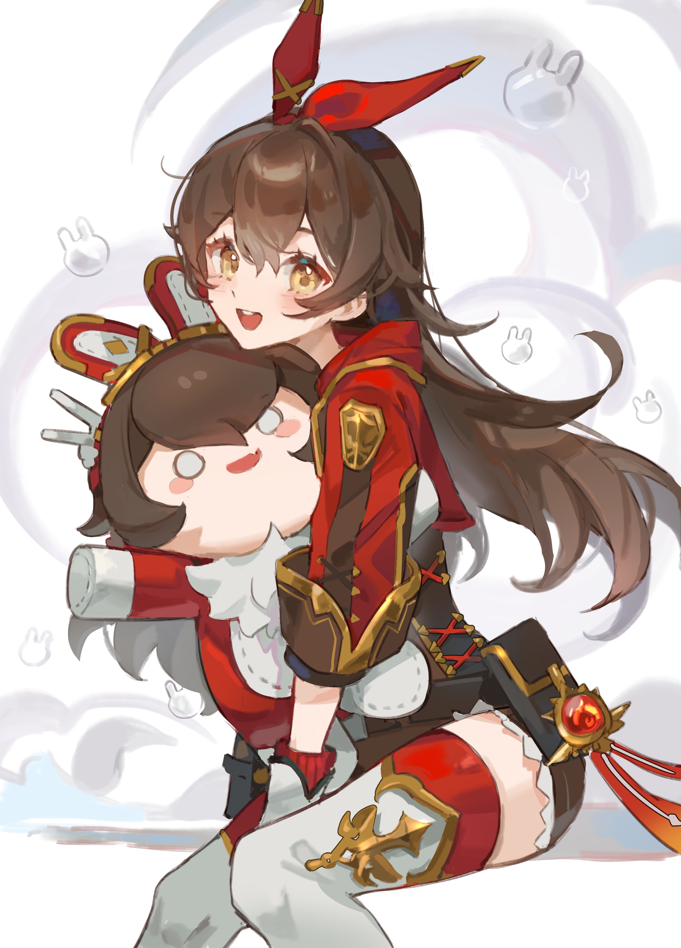 Safebooru - 1girl absurdres amber (genshin impact) baron bunny (genshin impact) blush bow brown ...