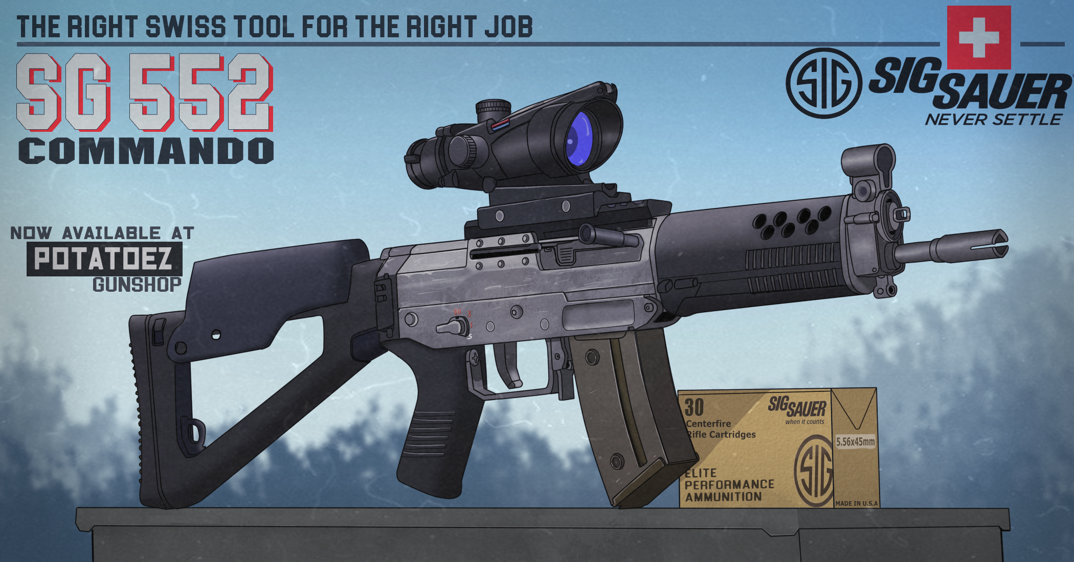 Safebooru - acog artist name assault rifle blue sky blurry blurry background box carton colored ...